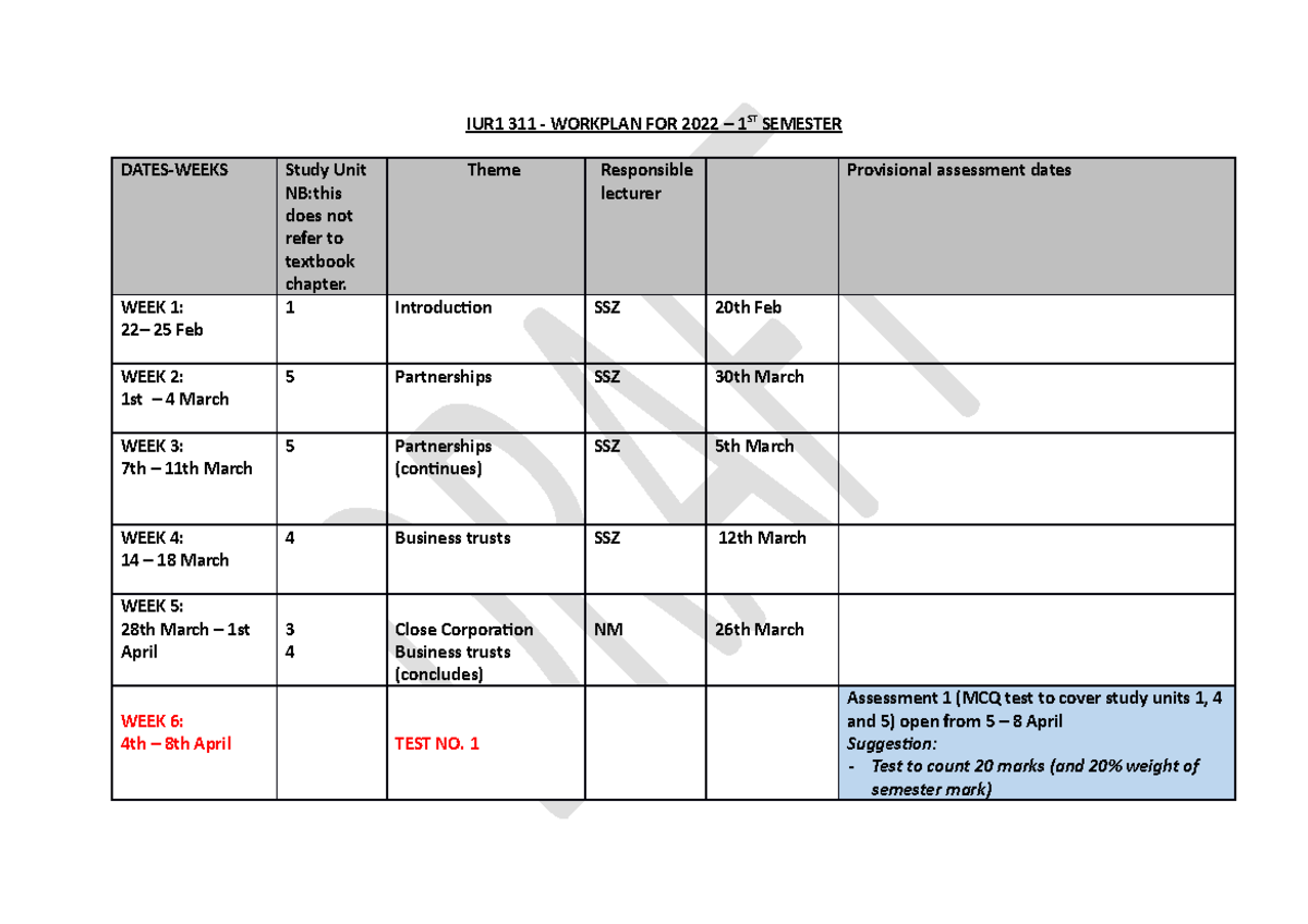 Workplan load division and assessments IURI311 students copy 2 - IUR1 ...