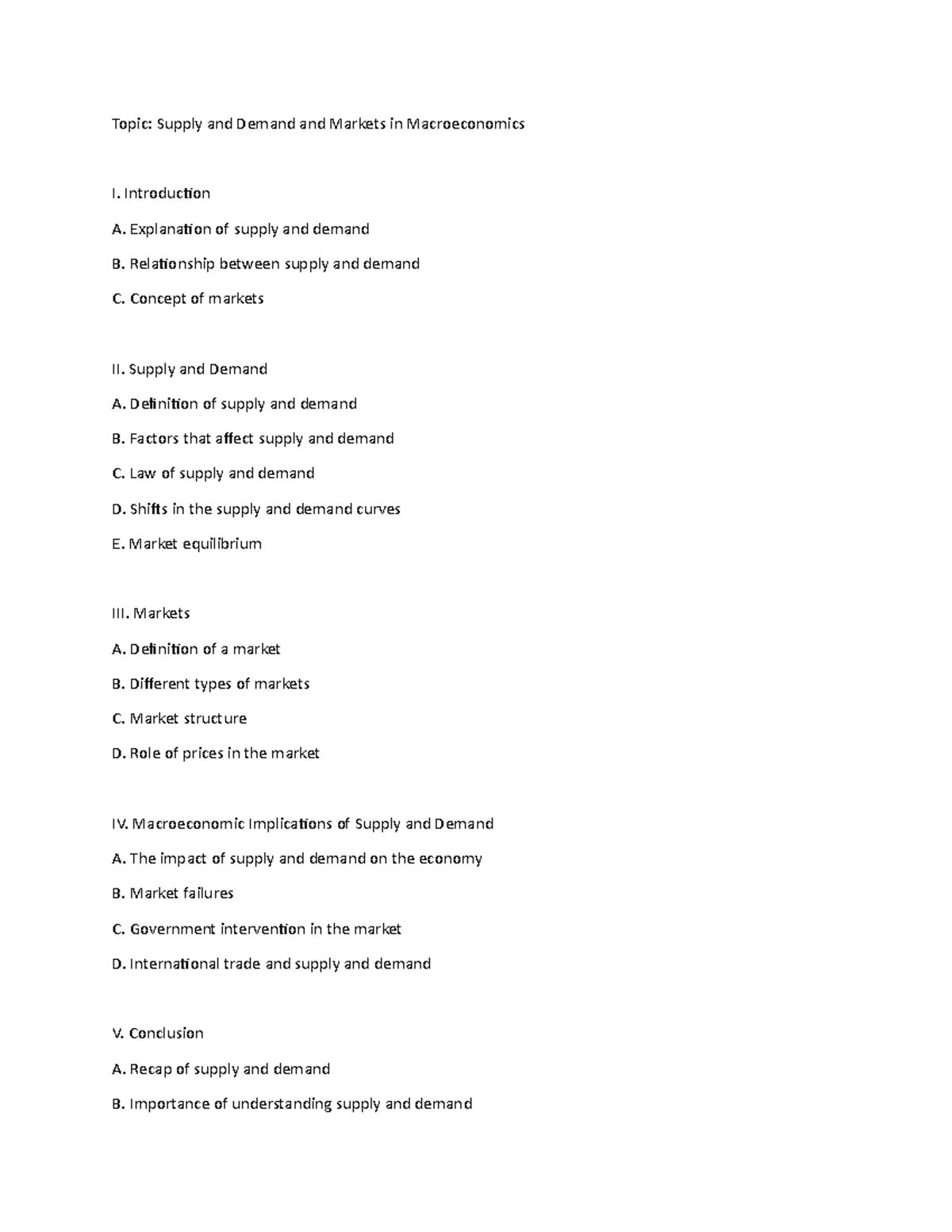 Macro Lecture 2 Notes Supply Demand And Markets Topic Supply And Demand And Markets In