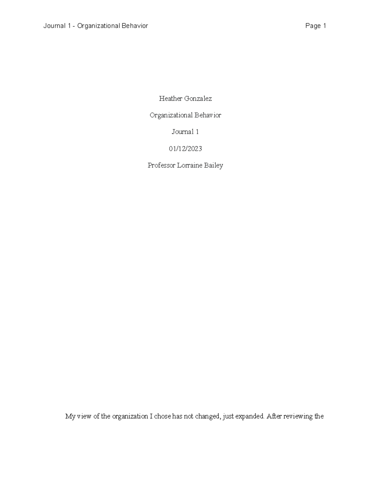 Organizational Behavior - Journal 1 - Journal 1 - Organizational ...