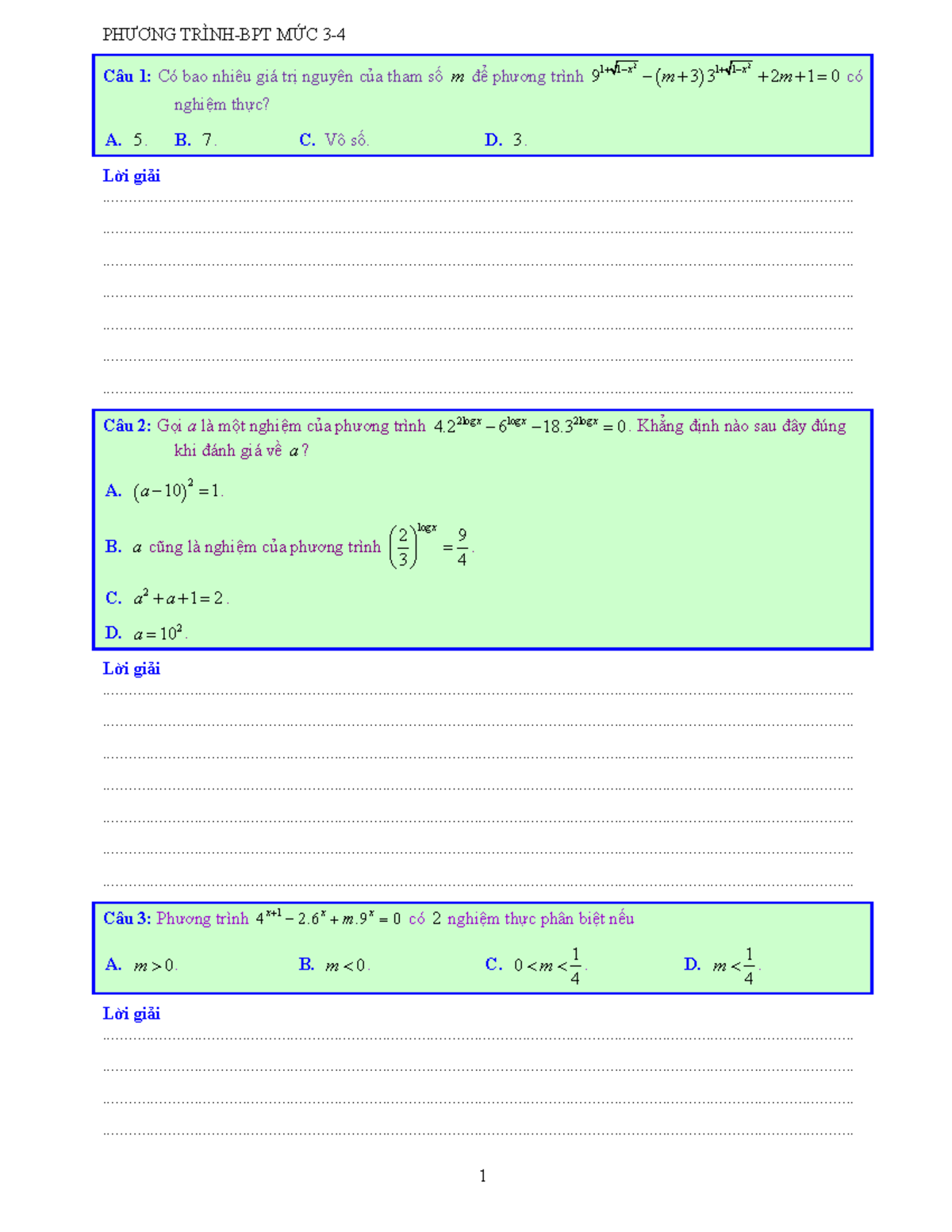 PT-BPT MŨ - For your reference. - ####### Câu 1: Có bao nhiêu giá trị nguyên của tham số m để ...