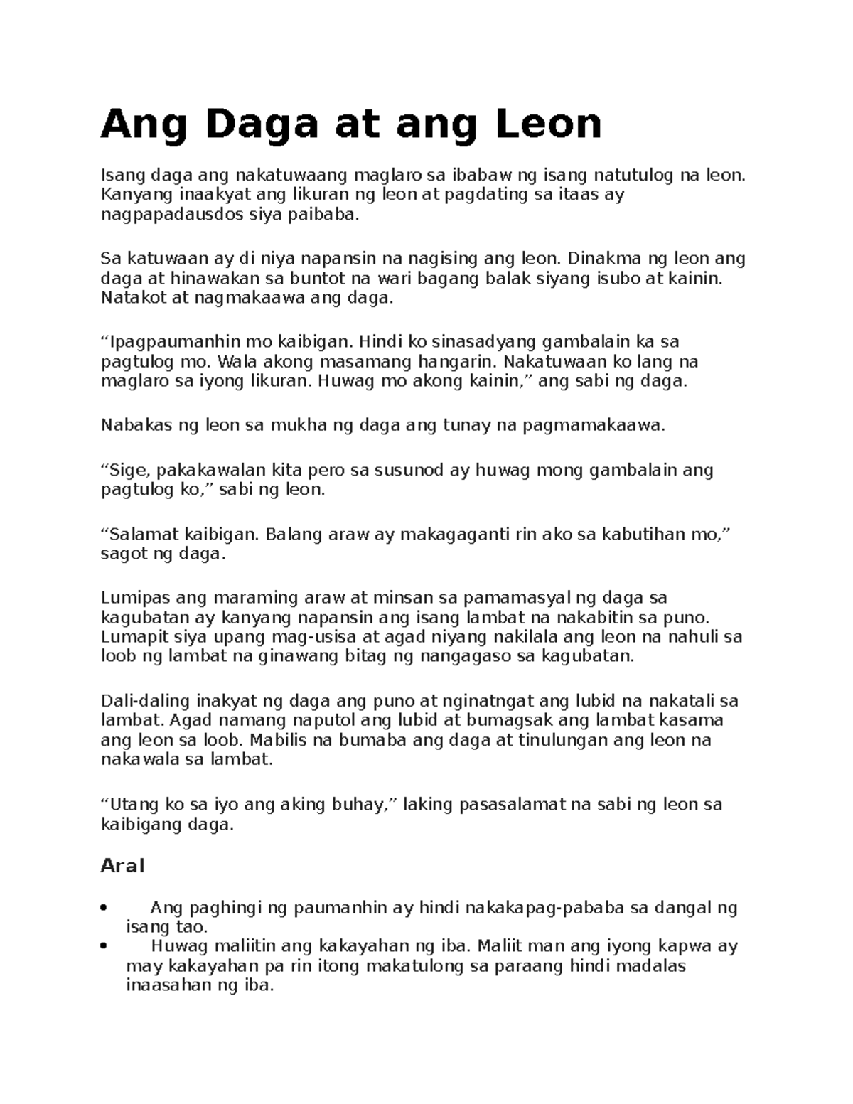 Ang Daga at ang Leon - Ang Daga at ang Leon Isang daga ang nakatuwaang ...