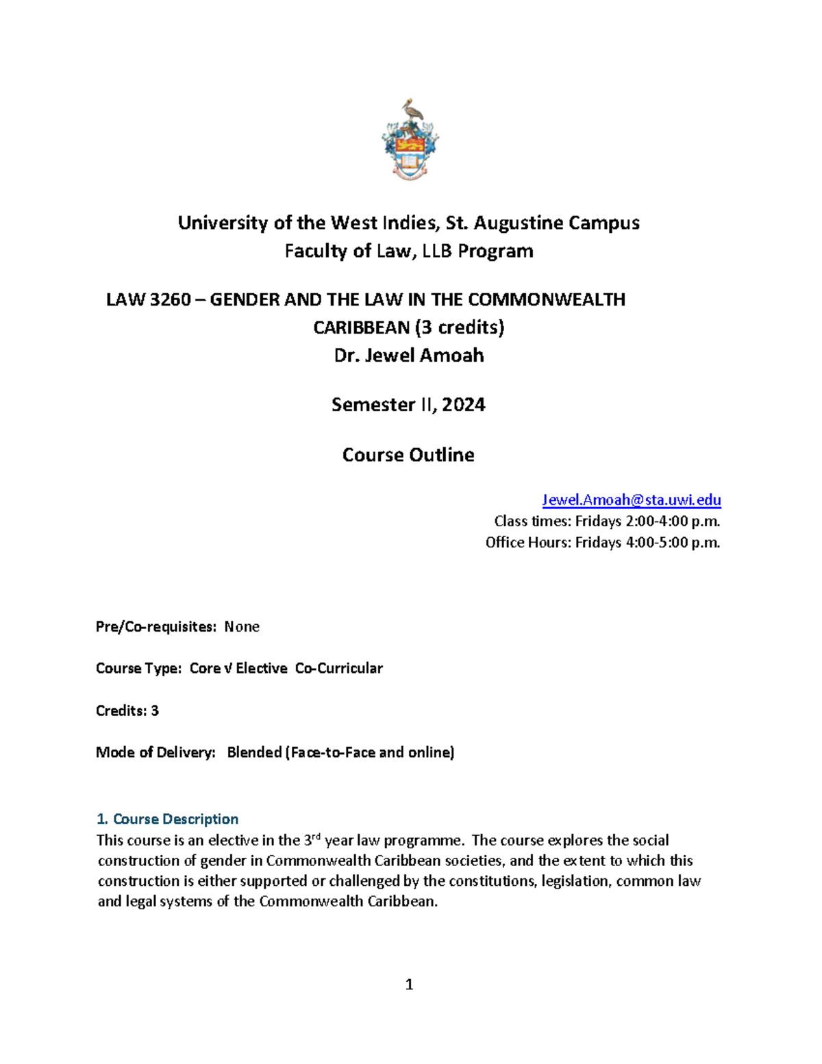 LAW 3260 - Gender The Law in the Commonwealth Caribbean - 2024 revised ...