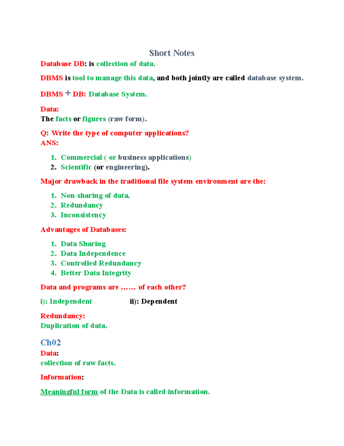 Cs403 short notes - Very good - Short Notes Database DB: is collection ...