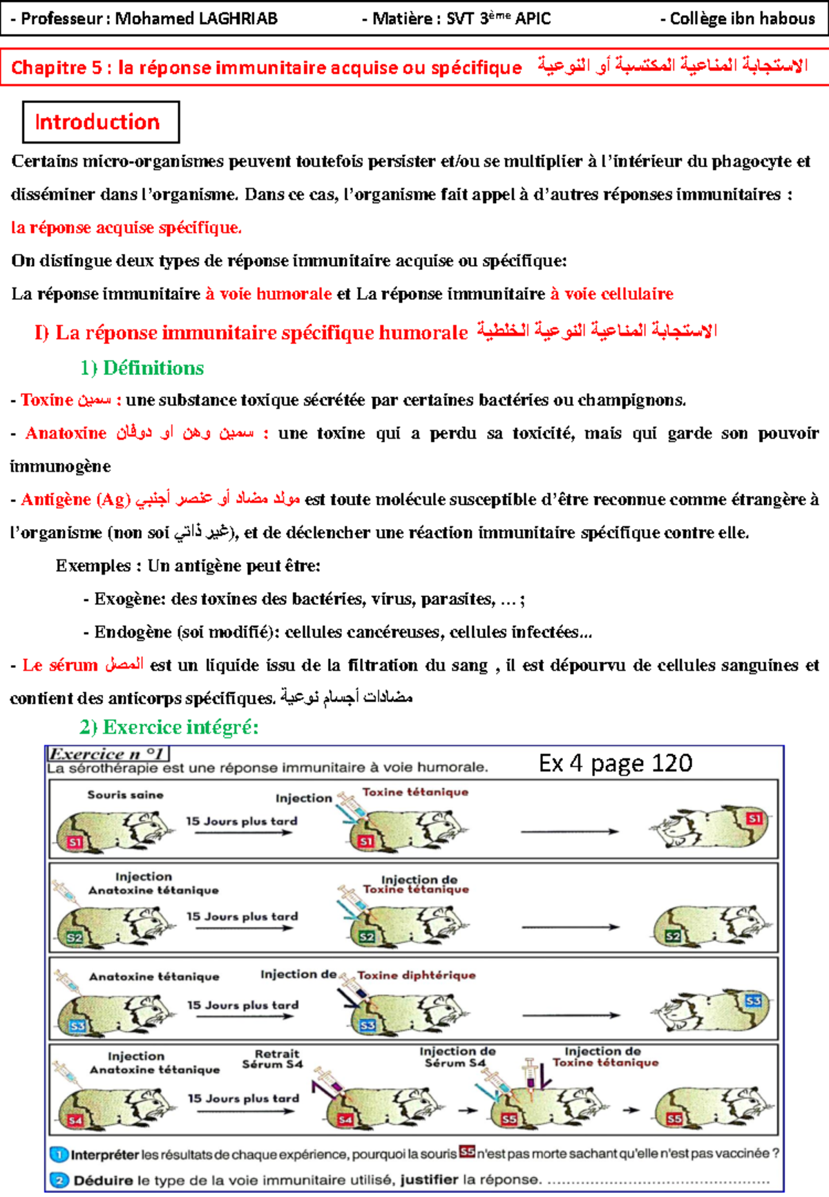 Chapitre 5 -la réponse immunitaire acquise ou spécifique - Dans ce cas ...