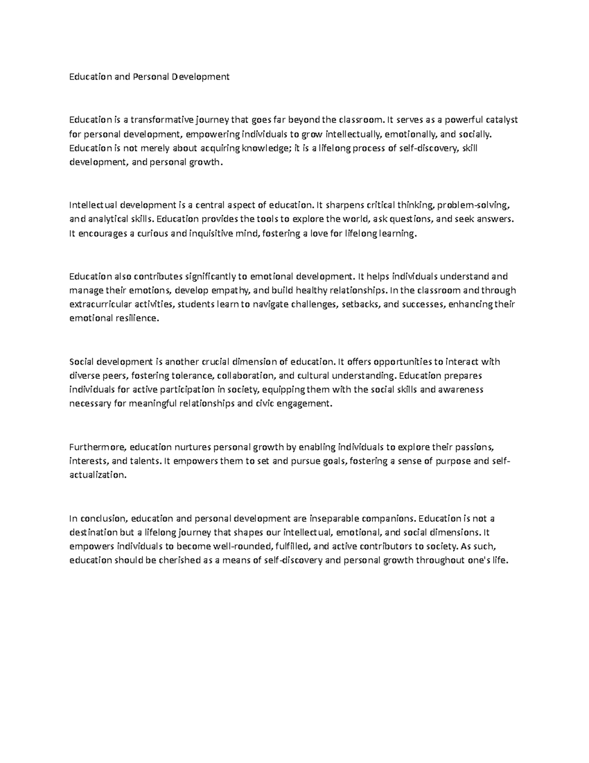 Education and Personal Development - Education and Personal Development Education is a - Studocu