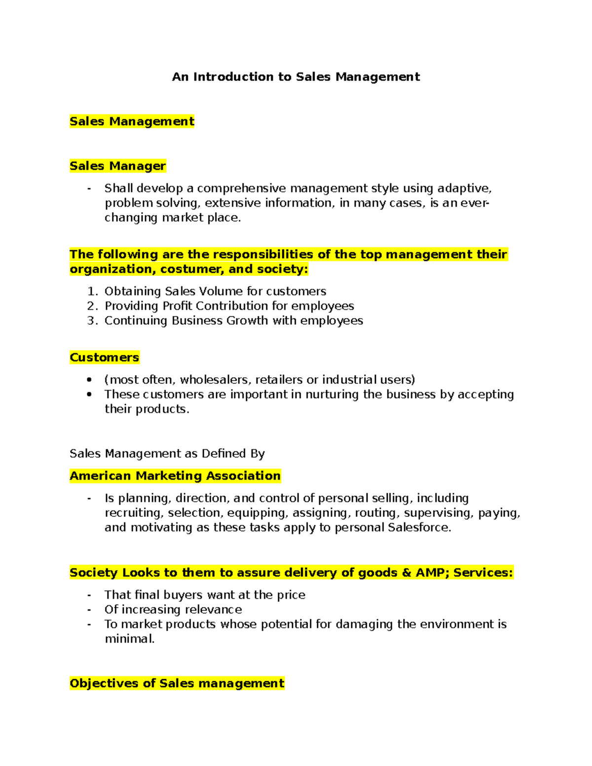 Lesson 1 An Introduction to Sales Management - An Introduction to Sales ...