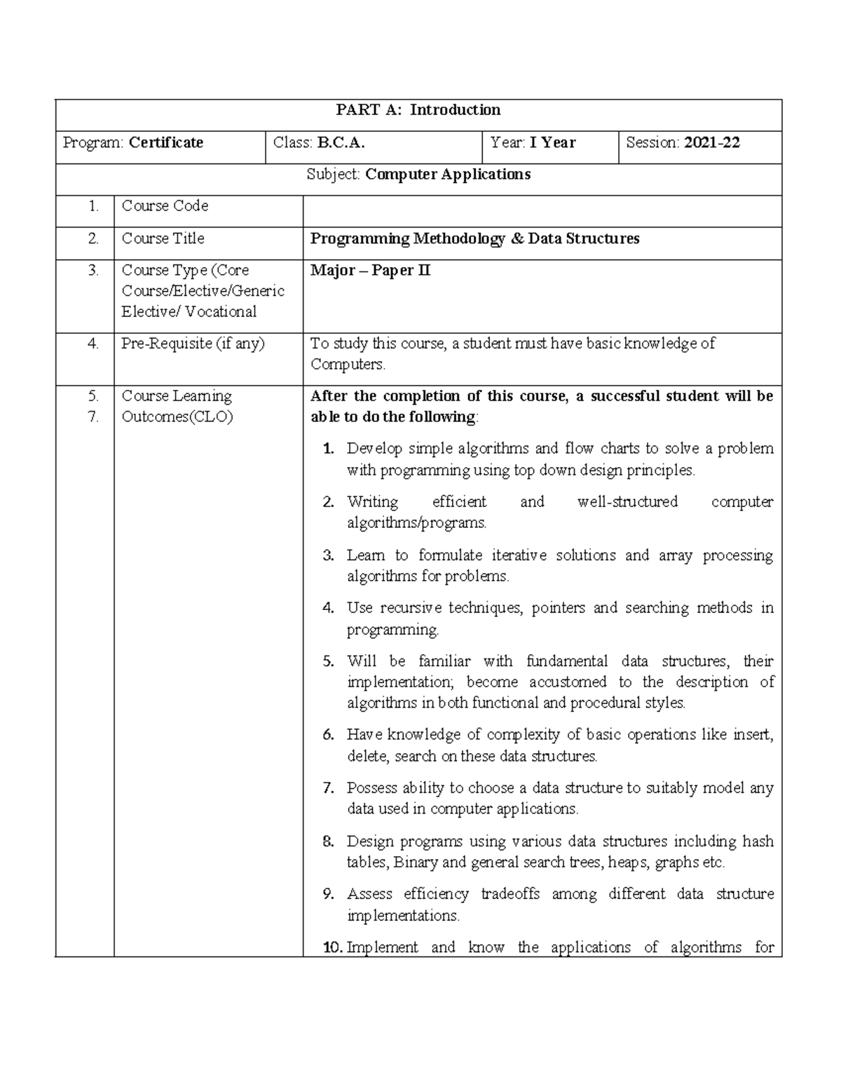 BCA I Major - II Programming Methodology and Data Structures - PART A ...