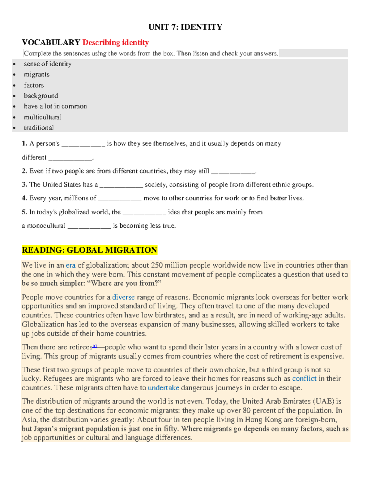Unit 7-identity - fff - UNIT 7: IDENTITY VOCABULARY Describing identity ...