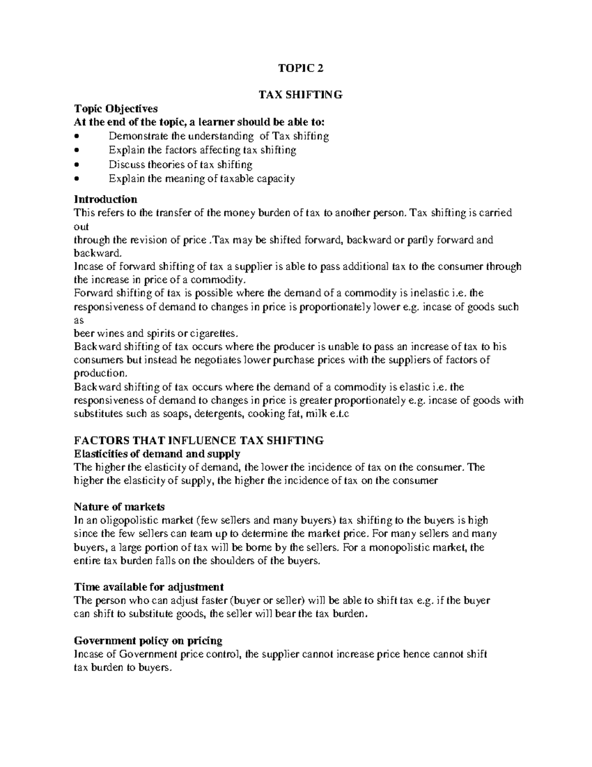2. TAX Shifting - TOPIC 2 TAX SHIFTING Topic Objectives At the end of ...