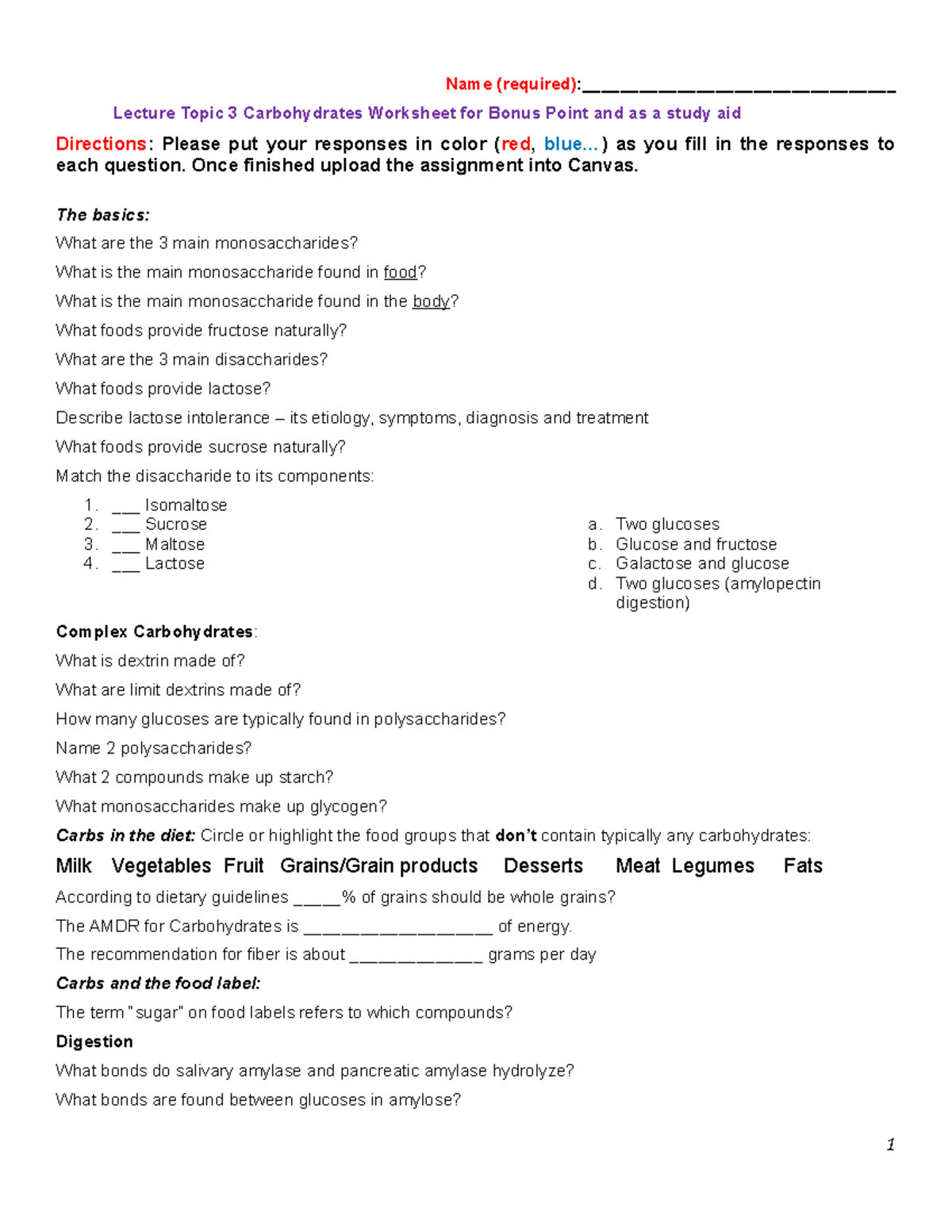 Carbohydrates Worksheet - ..) as you fill in the responses to each ...