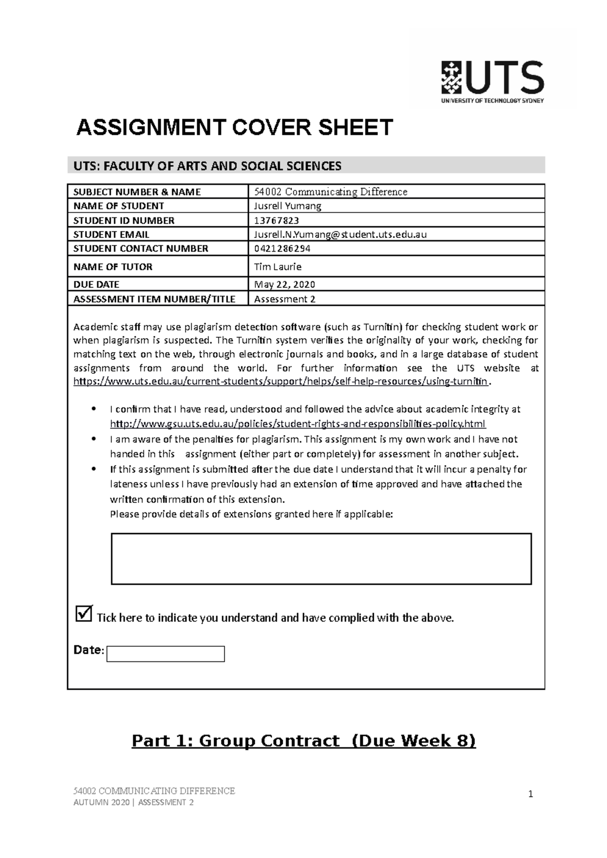 54002 Communicating Difference - ASSIGNMENT COVER SHEET UTS: FACULTY OF ARTS AND SOCIAL SCIENCES ...
