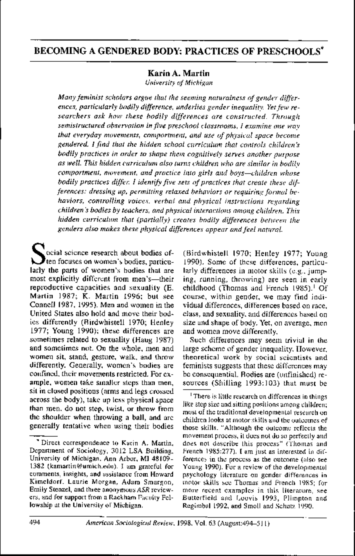 BECOMING A GENDERED BODY: PRACTICES OF Karin A. Martin University of ...