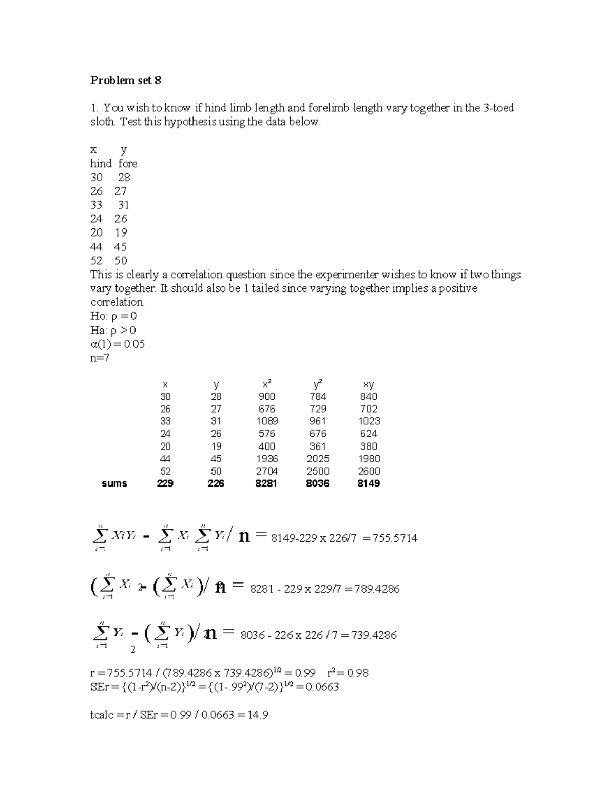 Answers Problem set 8 - You wish to know if hind limb length and forelimb length vary together ...