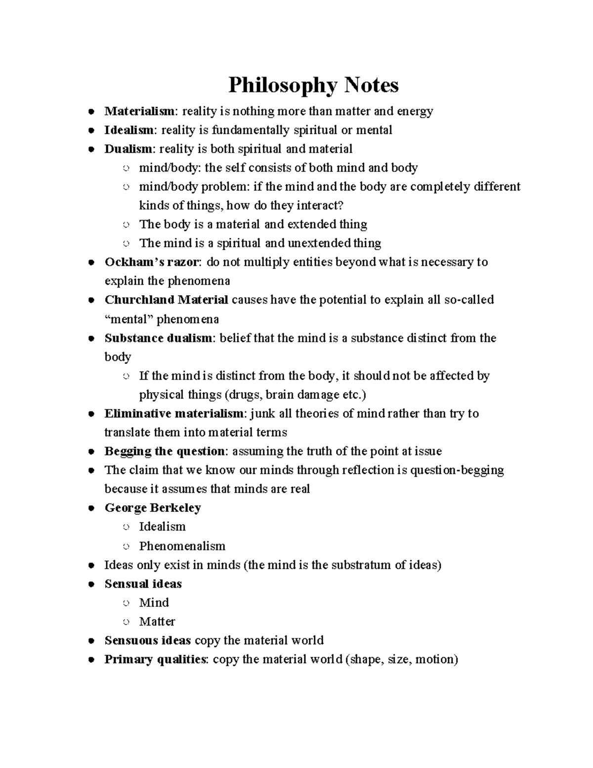 Philosophy notes 11 30 2018 - Philosophy Notes Materialism : reality is ...