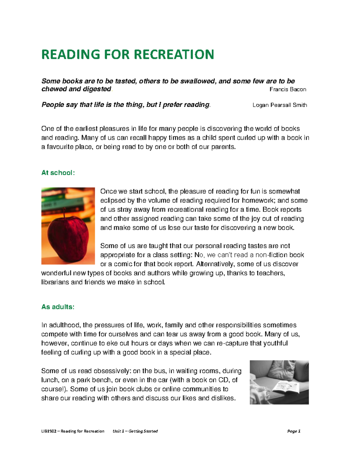 Unit 1 0913 - reading document - READING FOR RECREATION Some books are ...