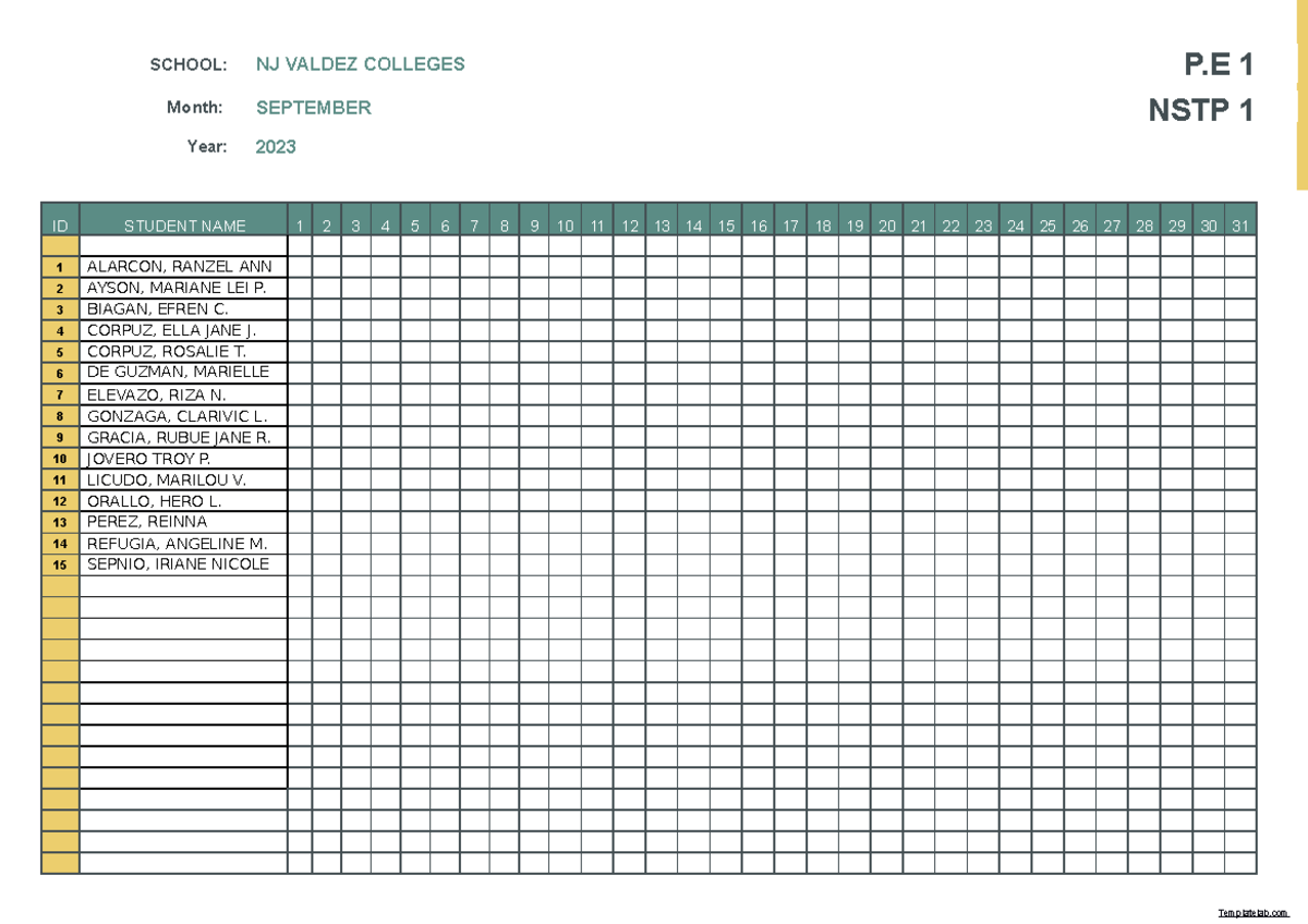 Employee Attendance Sheet Monthly Template Lab - SCHOOL: NJ VALDEZ ...