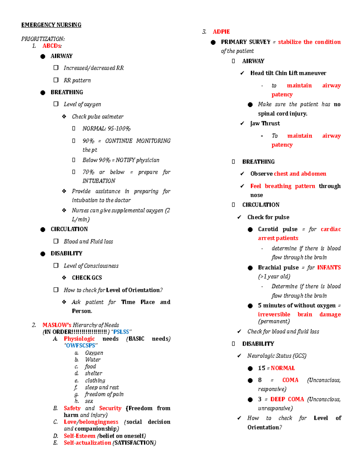 Emergency- Nursing - EMERGENCY NURSING PRIORITIZATION: 1. ABCDs: AIRWAY ...