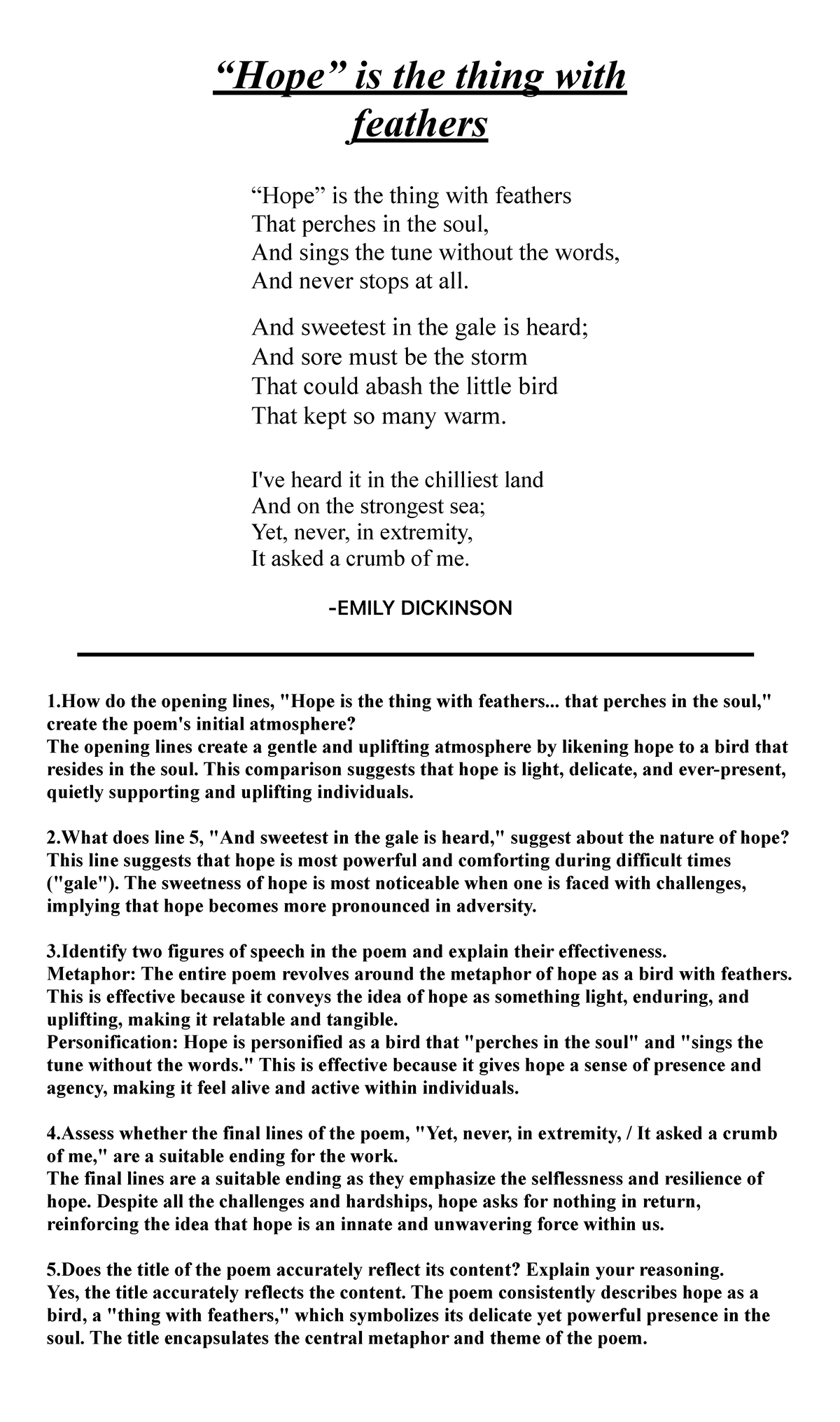 Teacher worksheet copy - “Hope” is the thing with feathers “Hope” is ...