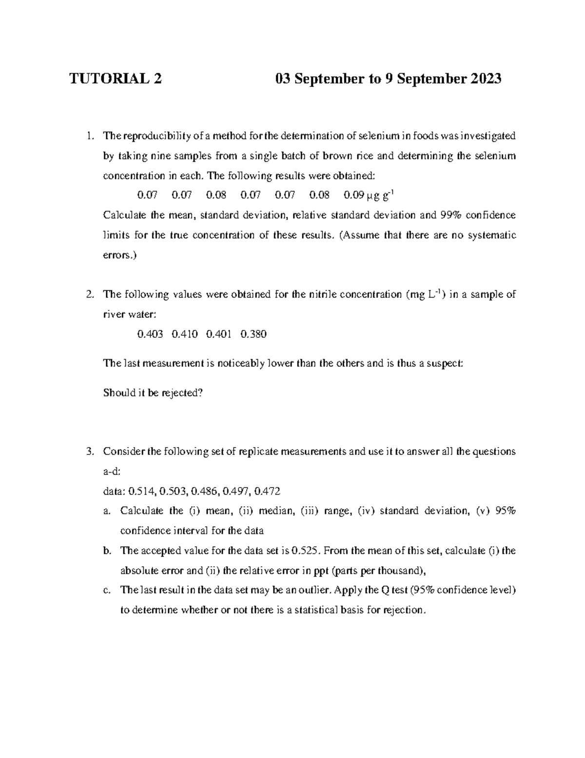 CHE 211 Tutorial 2 3 Sept to 9 Sept 2023 - TUTORIAL 2 03 September to 9 September 2023 The - Studocu