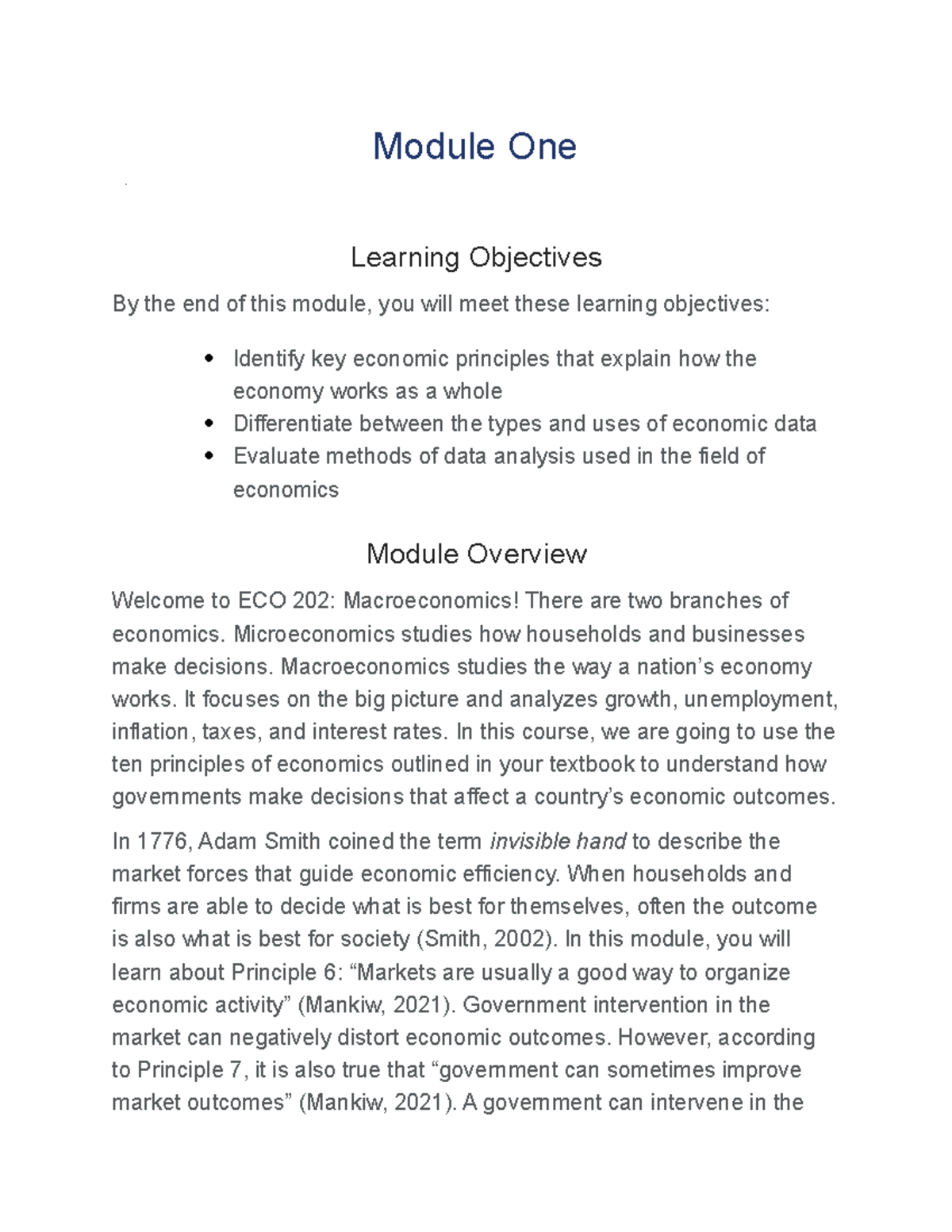 Module One Introductioneco 202 - Module One Learning Objectives By the ...