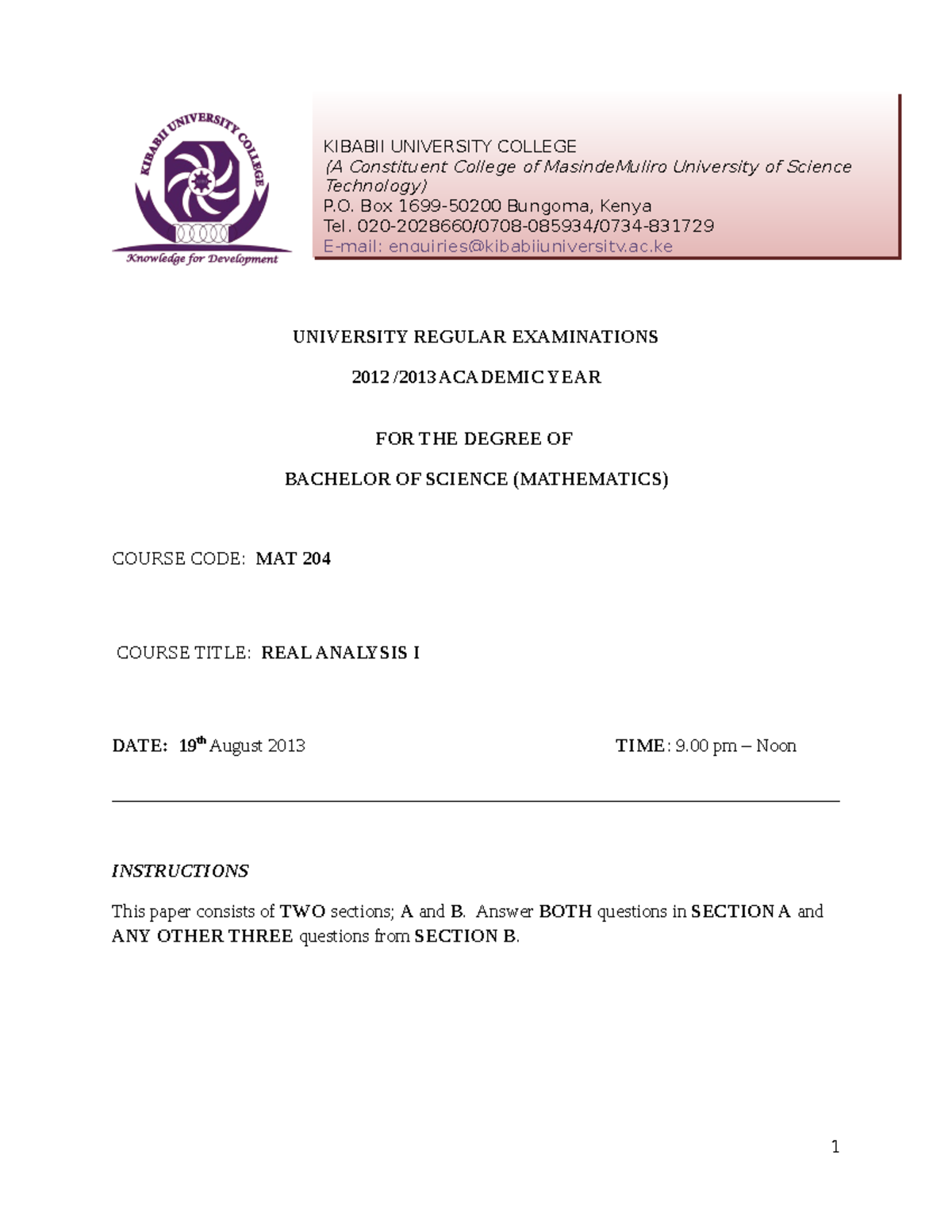Mat 204 Final Exam - UNIVERSITY REGULAR EXAMINATIONS 2012 /2013 ...