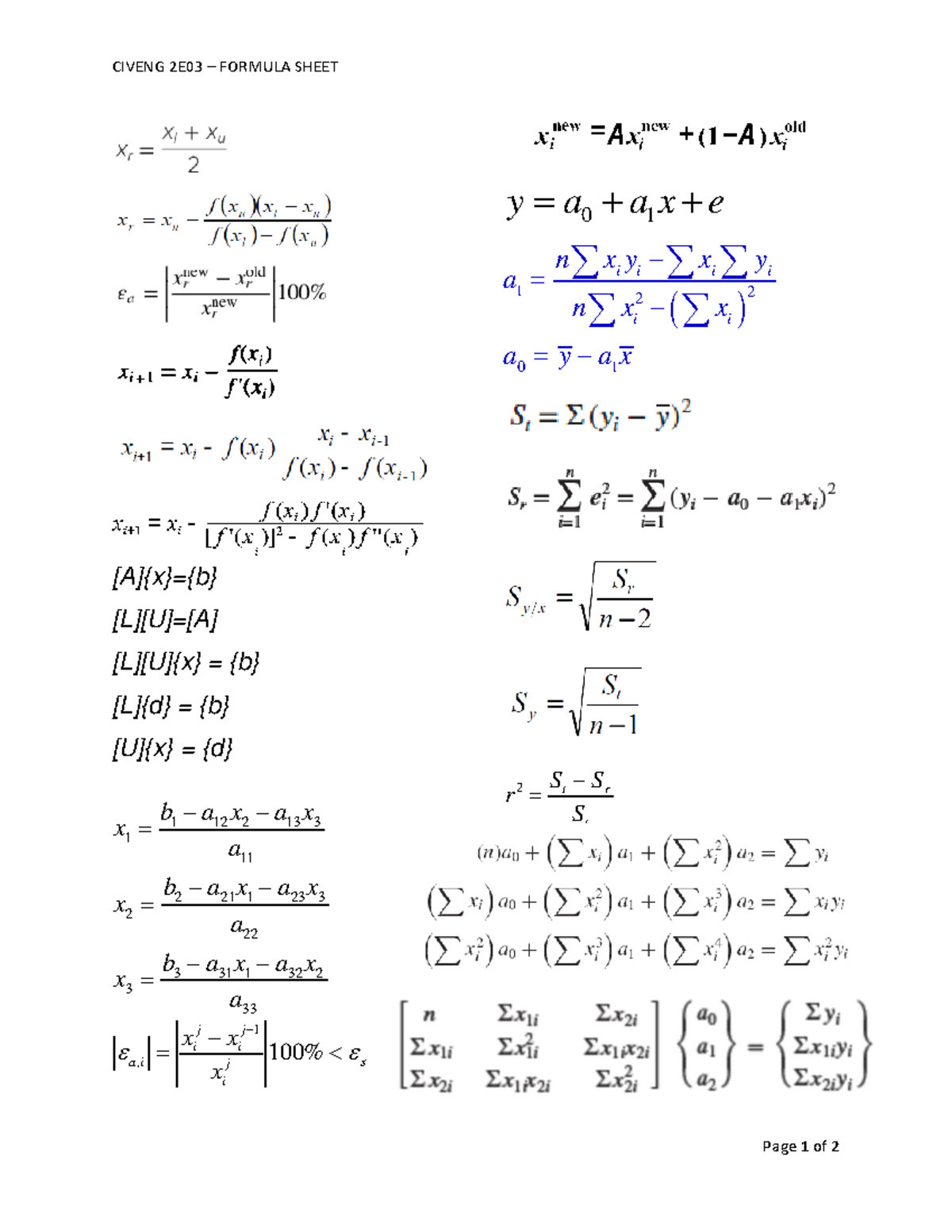 Civeng 2E03 - Formula Sheet - CIVENG 2E03 – FORMULA SHEET Page 1 of 2 ...