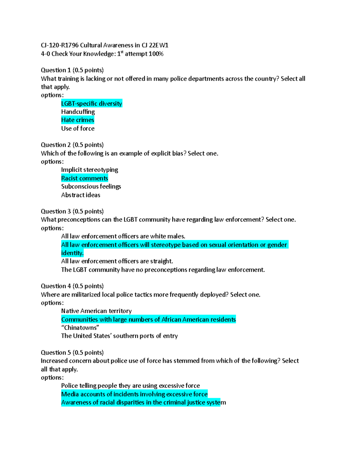 CJ mod 4 check knowlege quiz - CJ-120-R1796 Cultural Awareness in CJ ...