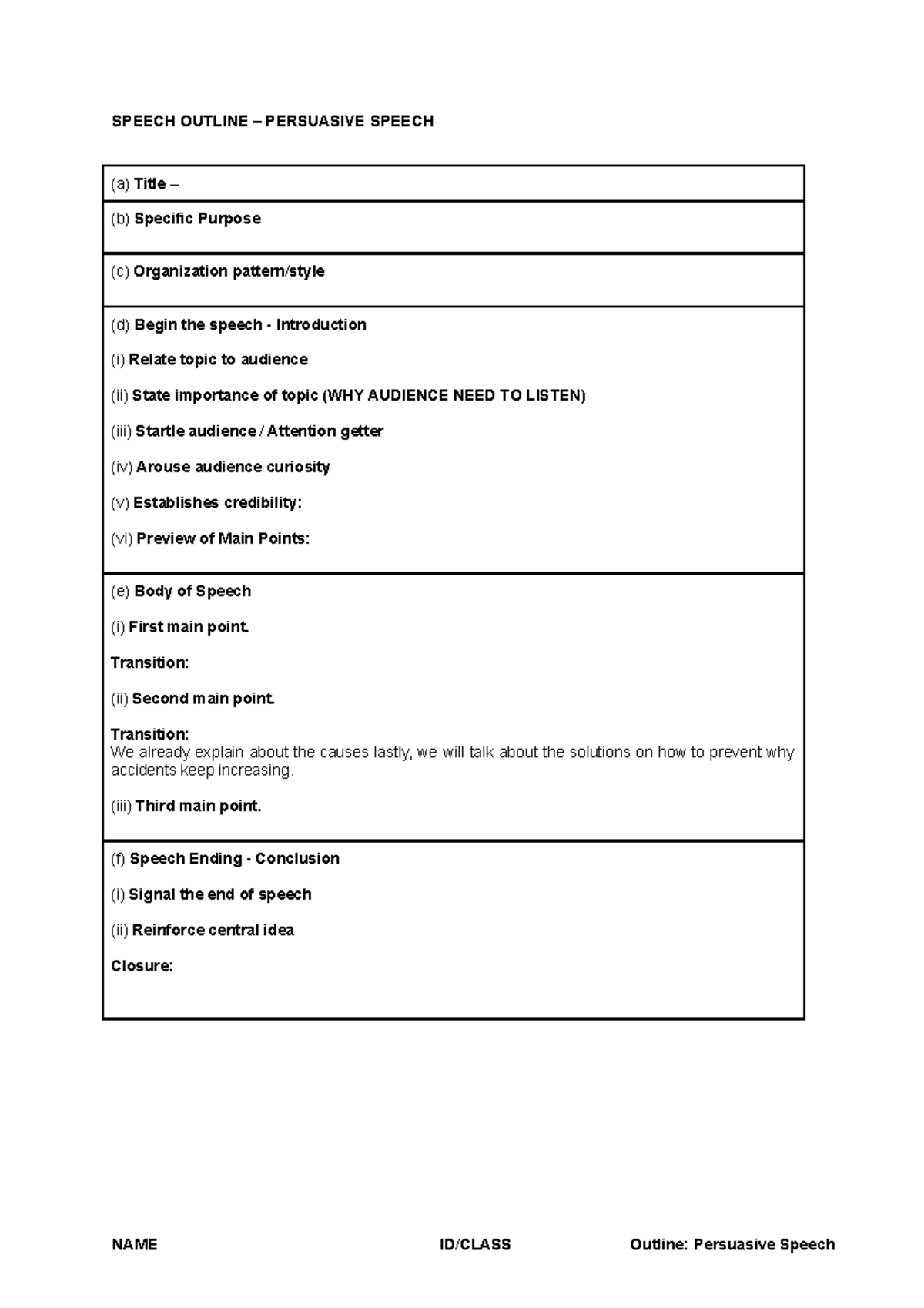 Template for Persuasive Speech FOR COM165 - SPEECH OUTLINE – PERSUASIVE ...
