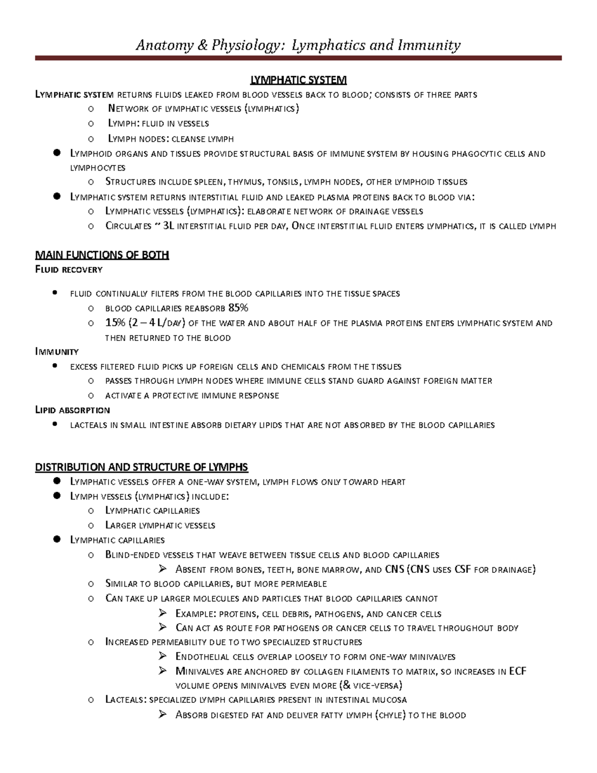 Lymph & immune outline - LYMPHATIC SYSTEM LYMPHATIC SYSTEM RETURNS ...