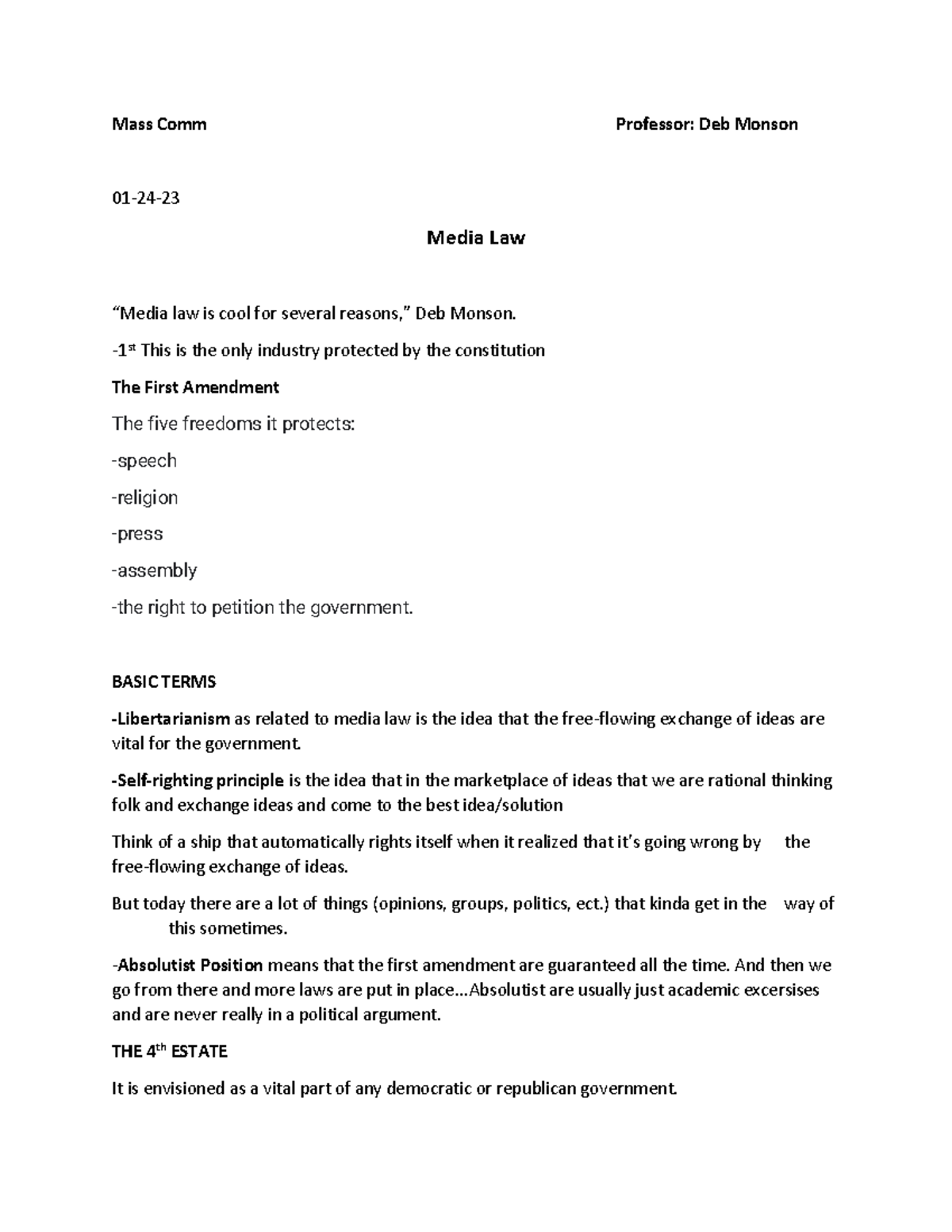 Mass Communications Notes Whole Course - Mass Comm Professor: Deb ...