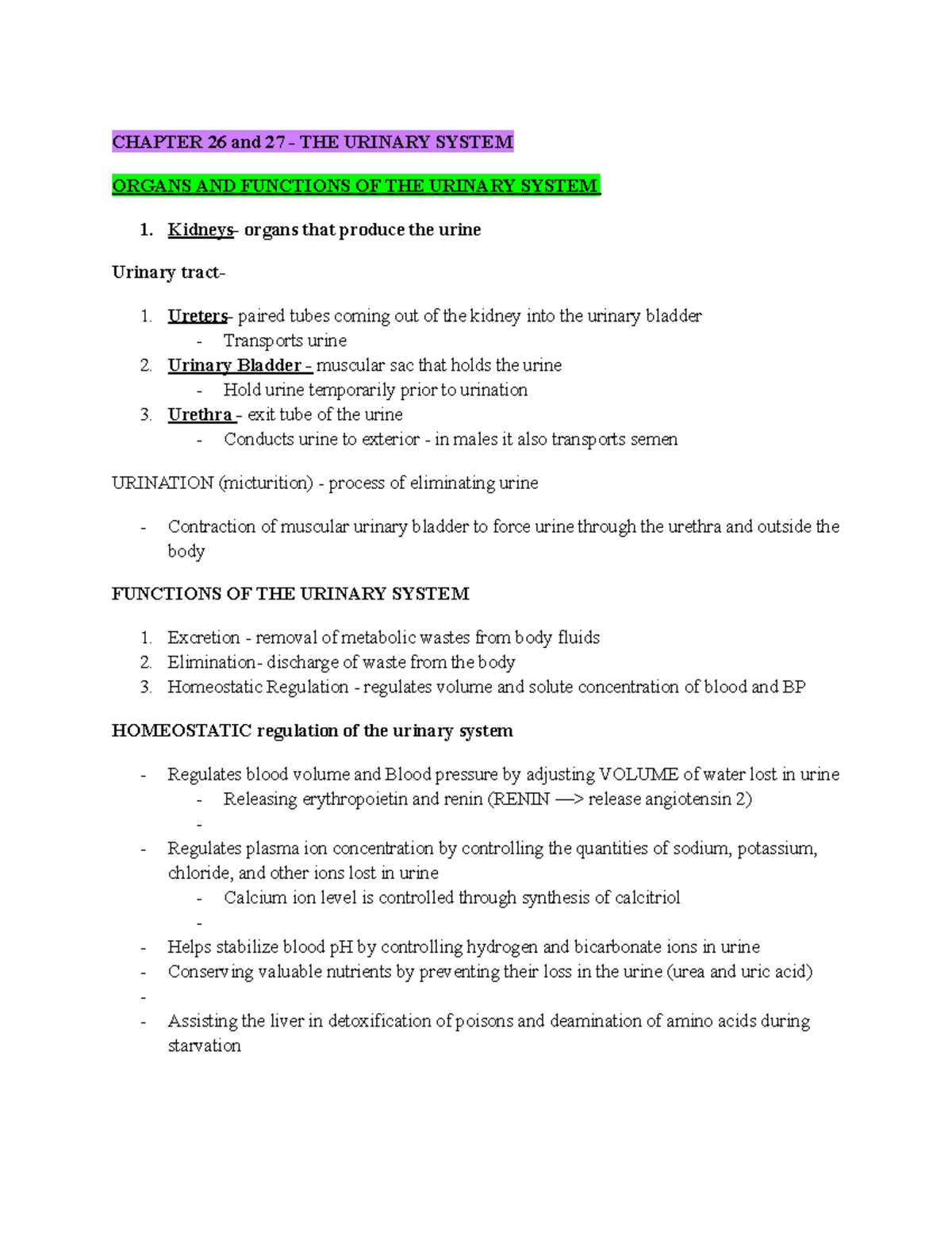 Chapter 26 and 27 - THE Urinary System - CHAPTER 26 and 27 - THE ...