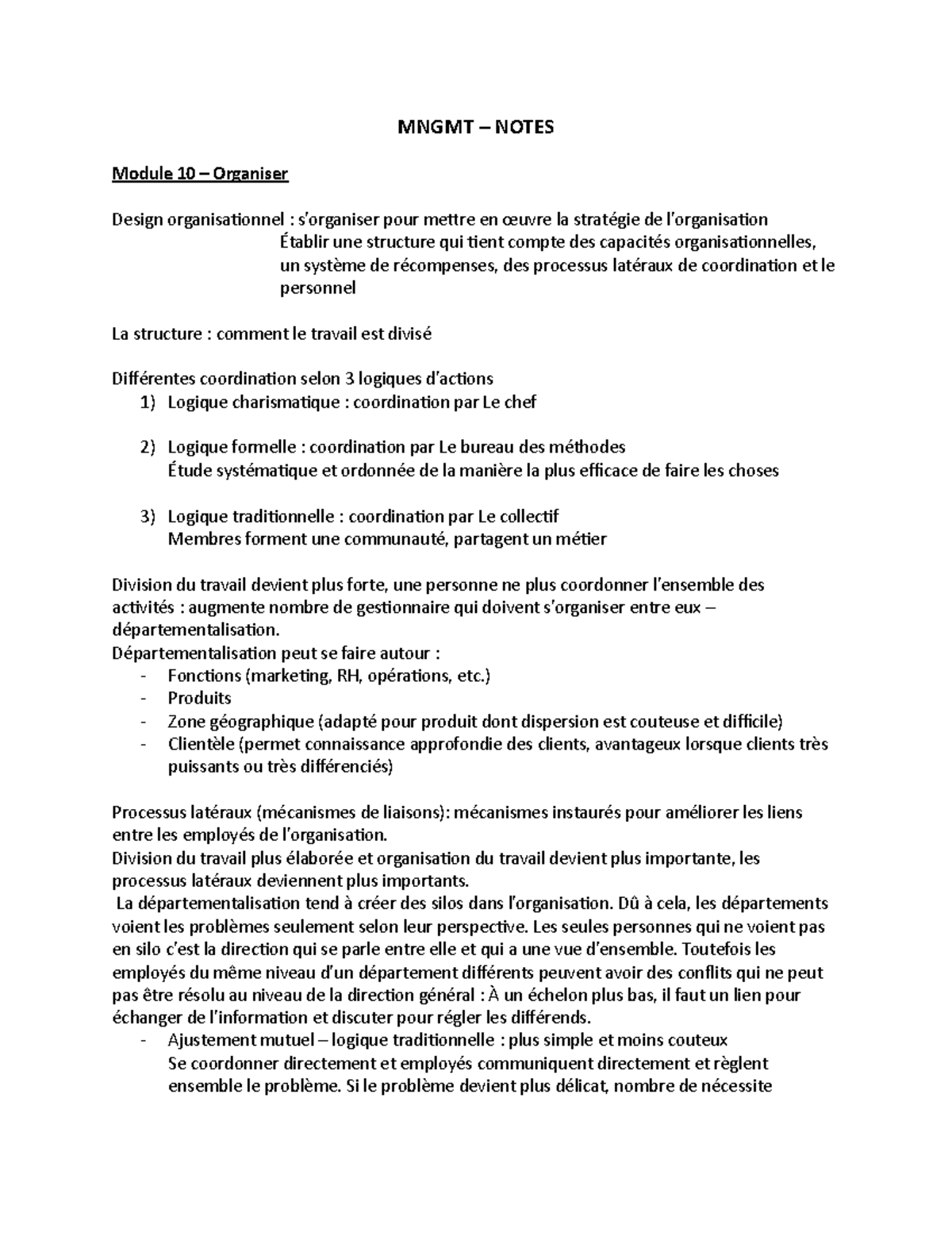 NOTE - Mngmt - Résumé notes module 10-11-12 - MNGMT – NOTES Module 10 ...