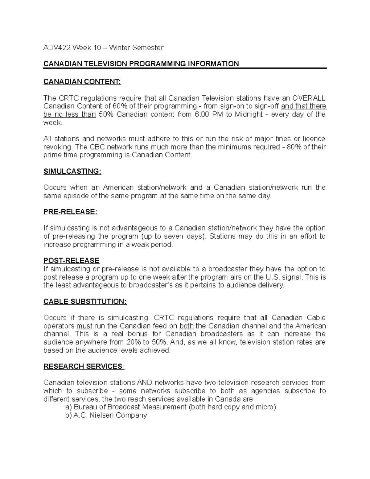 Adv422 programming in TV - ADV422 Week 10 – Winter Semester CANADIAN ...
