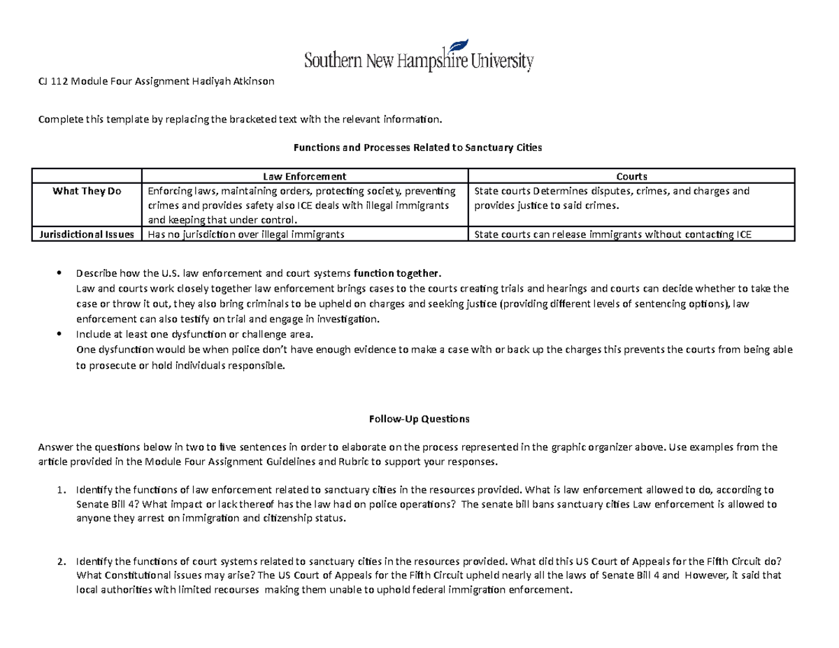 CJ 112 Module Four Assignment - Functions and Processes Related to Sanctuary Cities Law ...