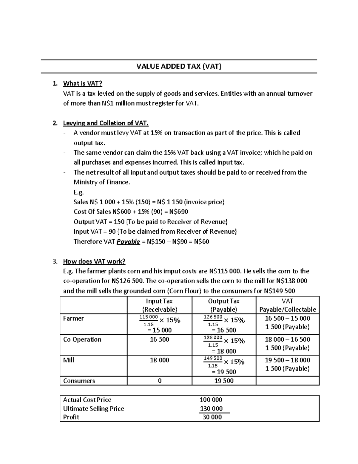 Unit 4 - Value Added Tax - VAT Notes - VALUE ADDED TAX (VAT) 1. What is ...