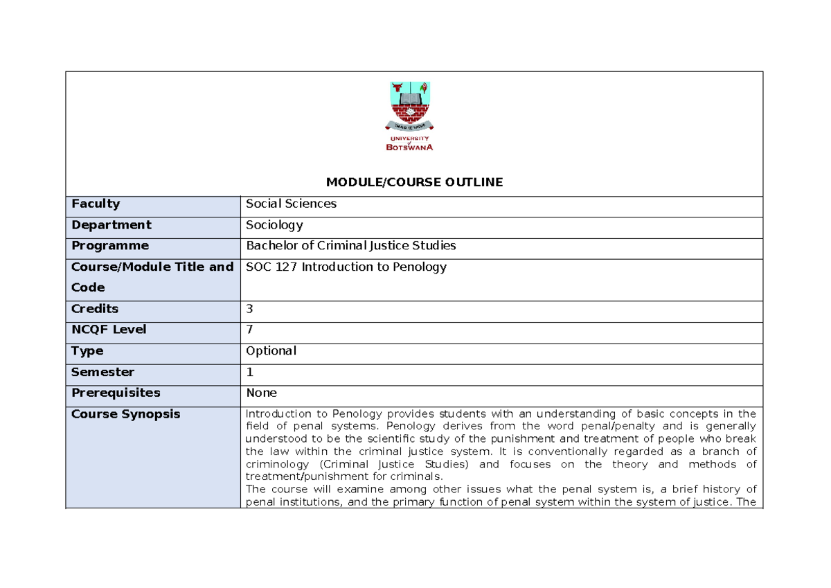 SOC 127 Course Outlines 2024 - MODULE/COURSE OUTLINE Faculty Social ...