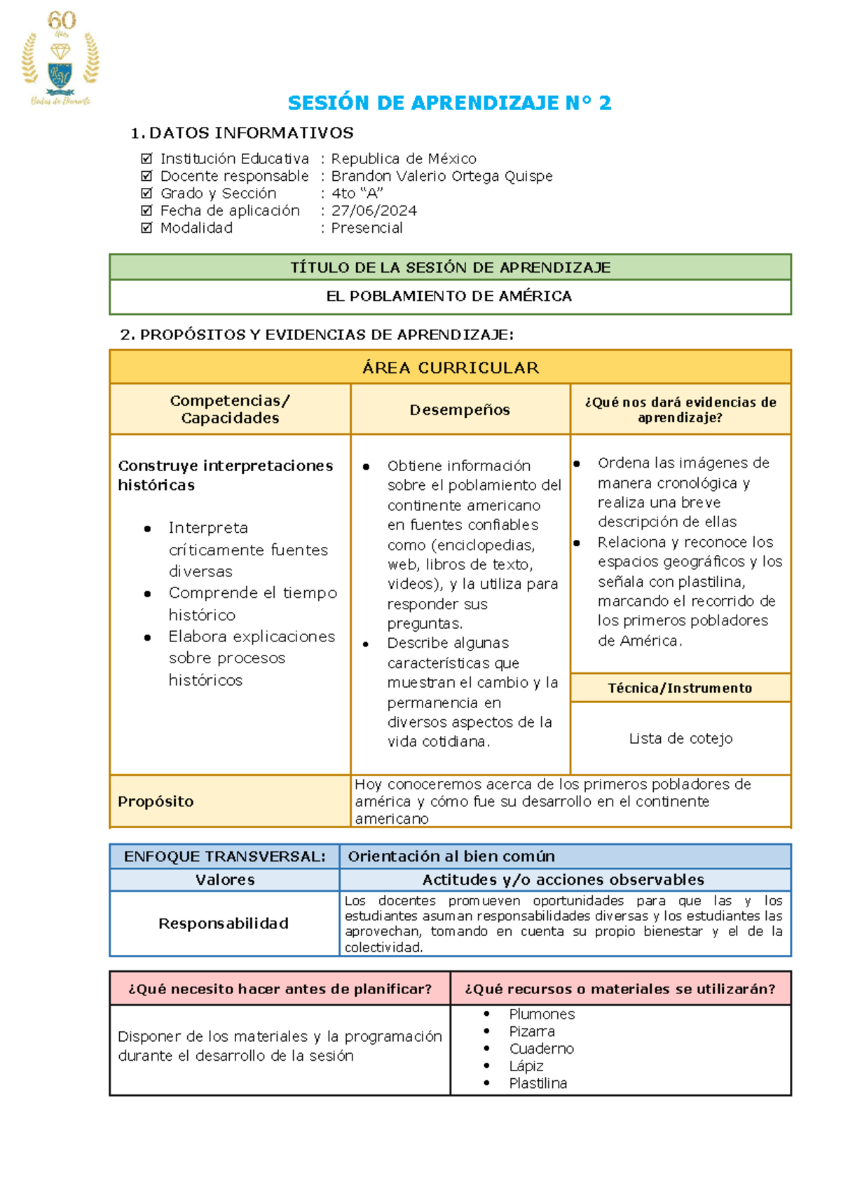 3 Sesión DE Aprendizaje 4to - unidad 1 - SESIÓN DE APRENDIZAJE N° 2 DATOS INFORMATIVOS ...