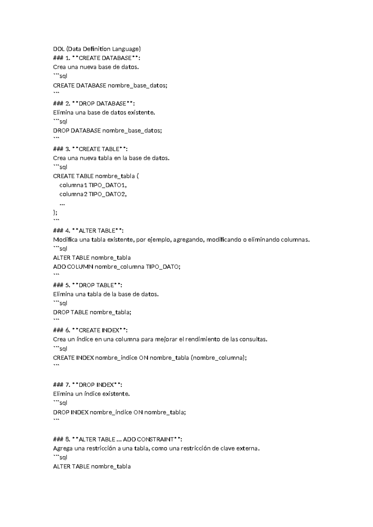 Ddl - ddl y sentencias - DDL (Data Definition Language) 1. CREATE ...