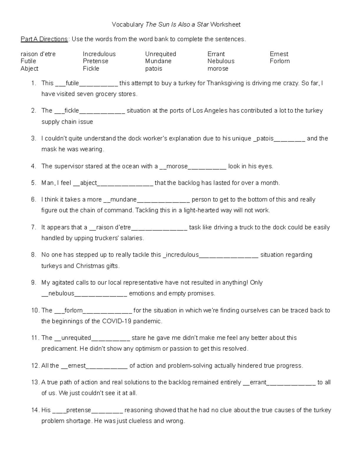 Vocabulary The Sun Is Also a Star Worksheet - raison d’etre Incredulous ...
