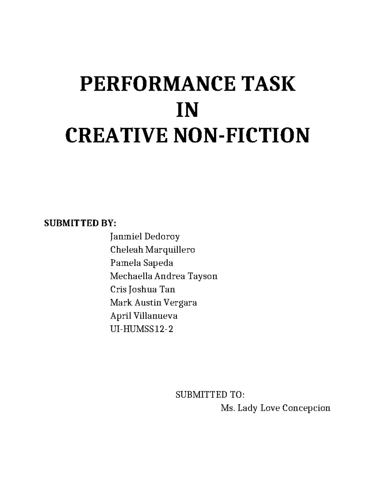 Performance TASK - PRACTICE WELL - PERFORMANCE TASK IN CREATIVE NON ...