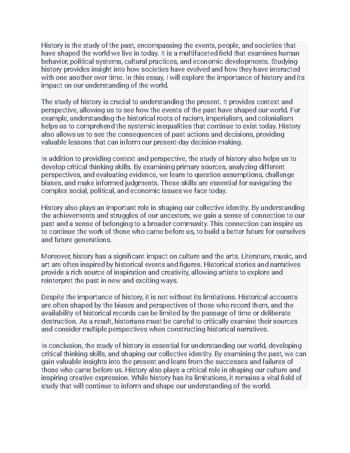 History Essay - History is the study of the past, encompassing the ...