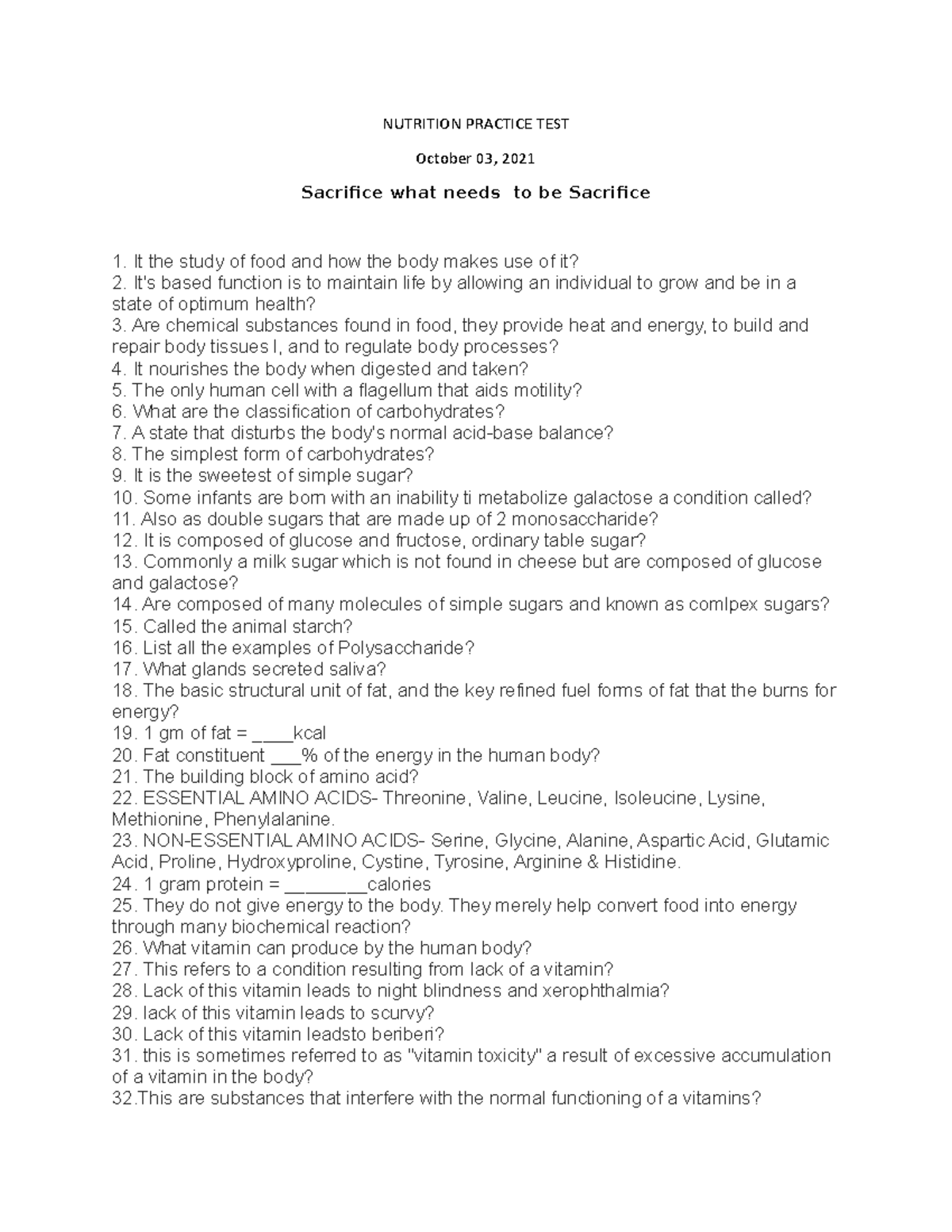 Nutrition Practice Test - NUTRITION PRACTICE TEST October 03, 2021 ...