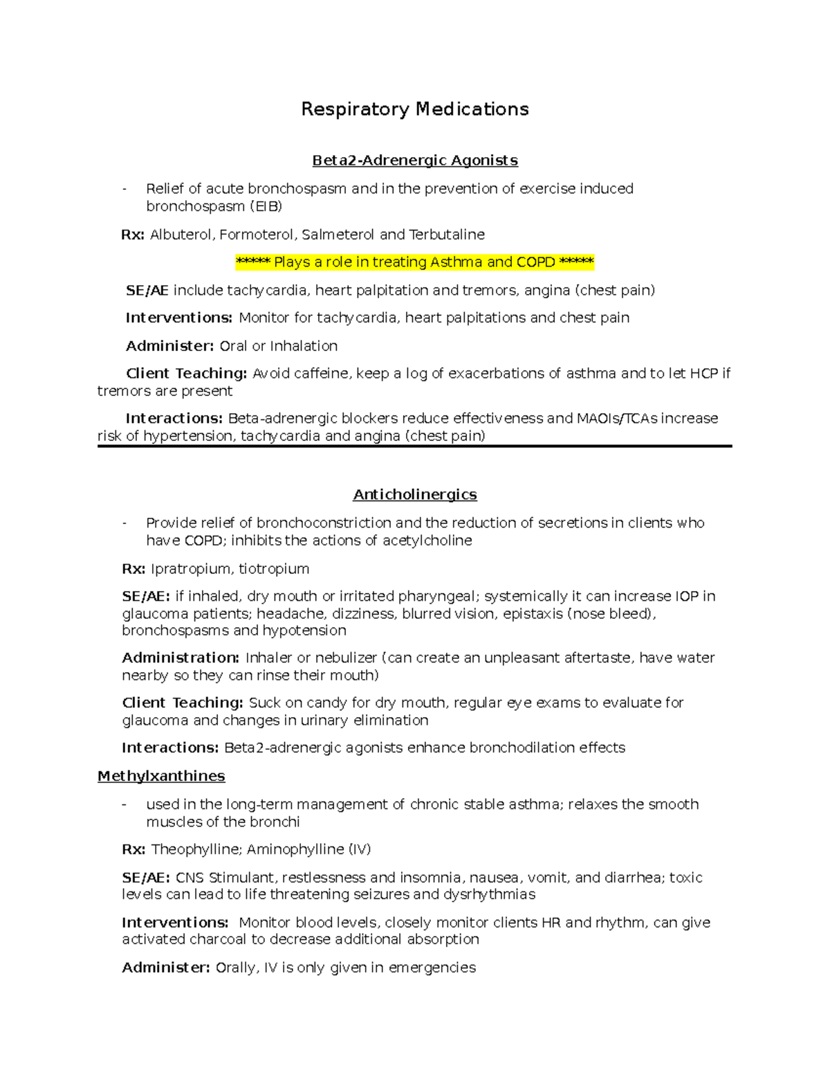 Respiratory Rx - Got this information from ATI - Notes - Respiratory ...