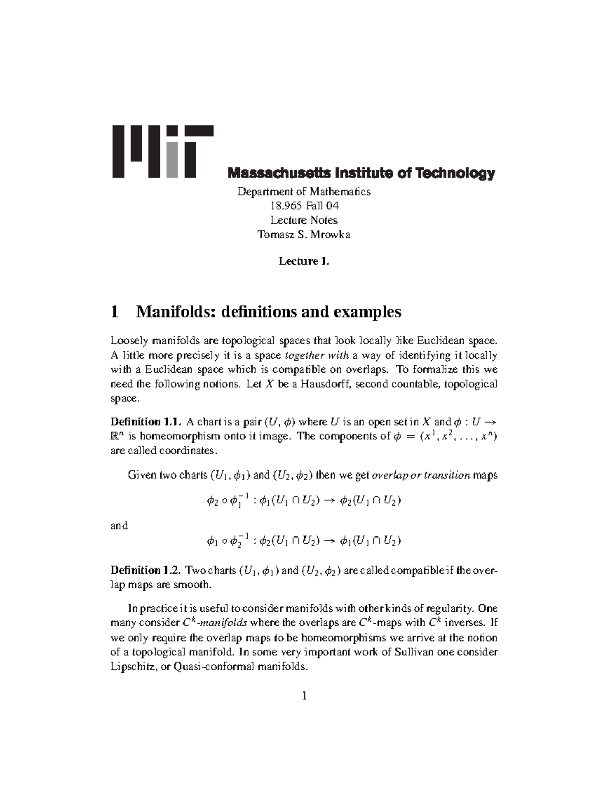 Lecture 1 Manifolds: Definitions and Examples - Department of ...