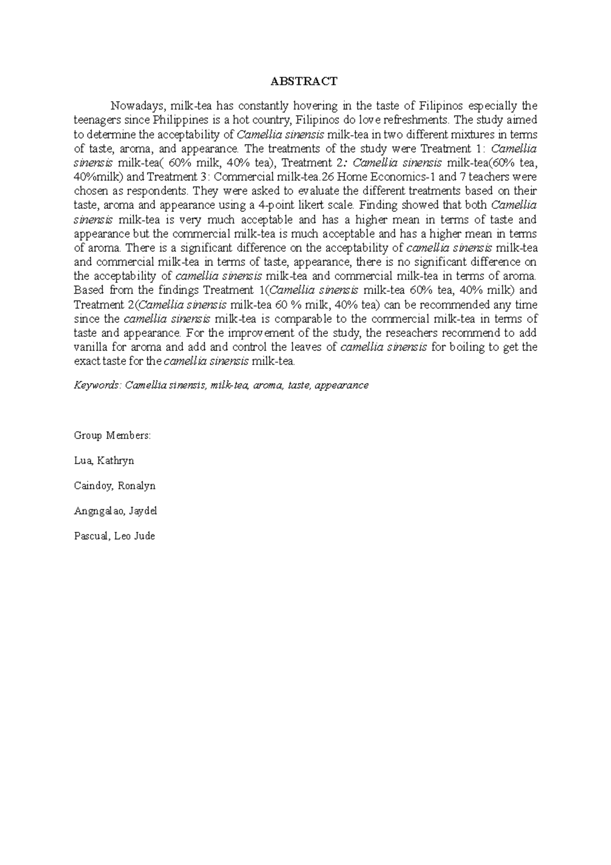 Abstract - ABSTRACT Nowadays, milk-tea has constantly hovering in the ...