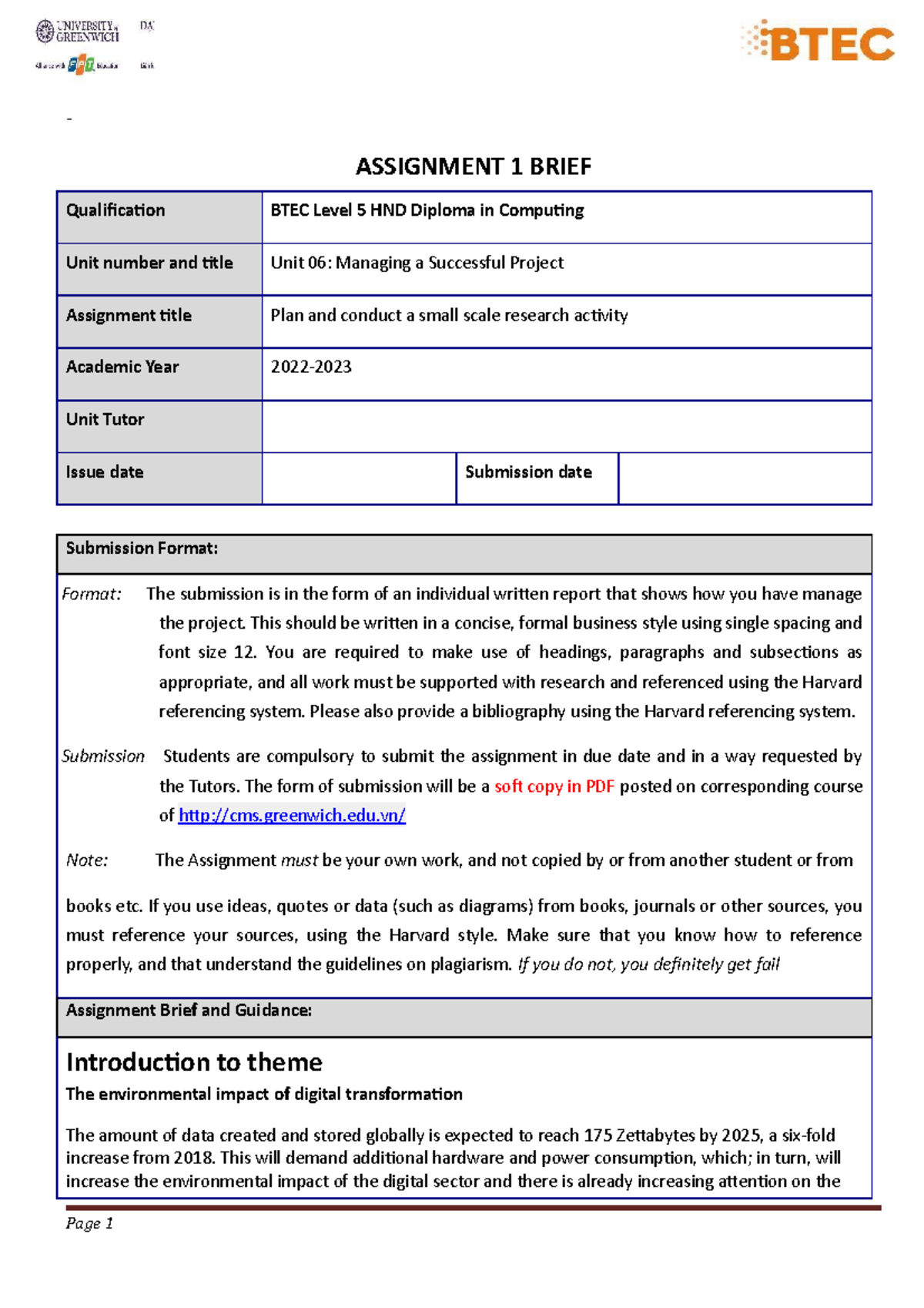1-Managing Computer Project - ASSIGNMENT 1 BRIEF Qualification BTEC Level 5 HND Diploma in ...