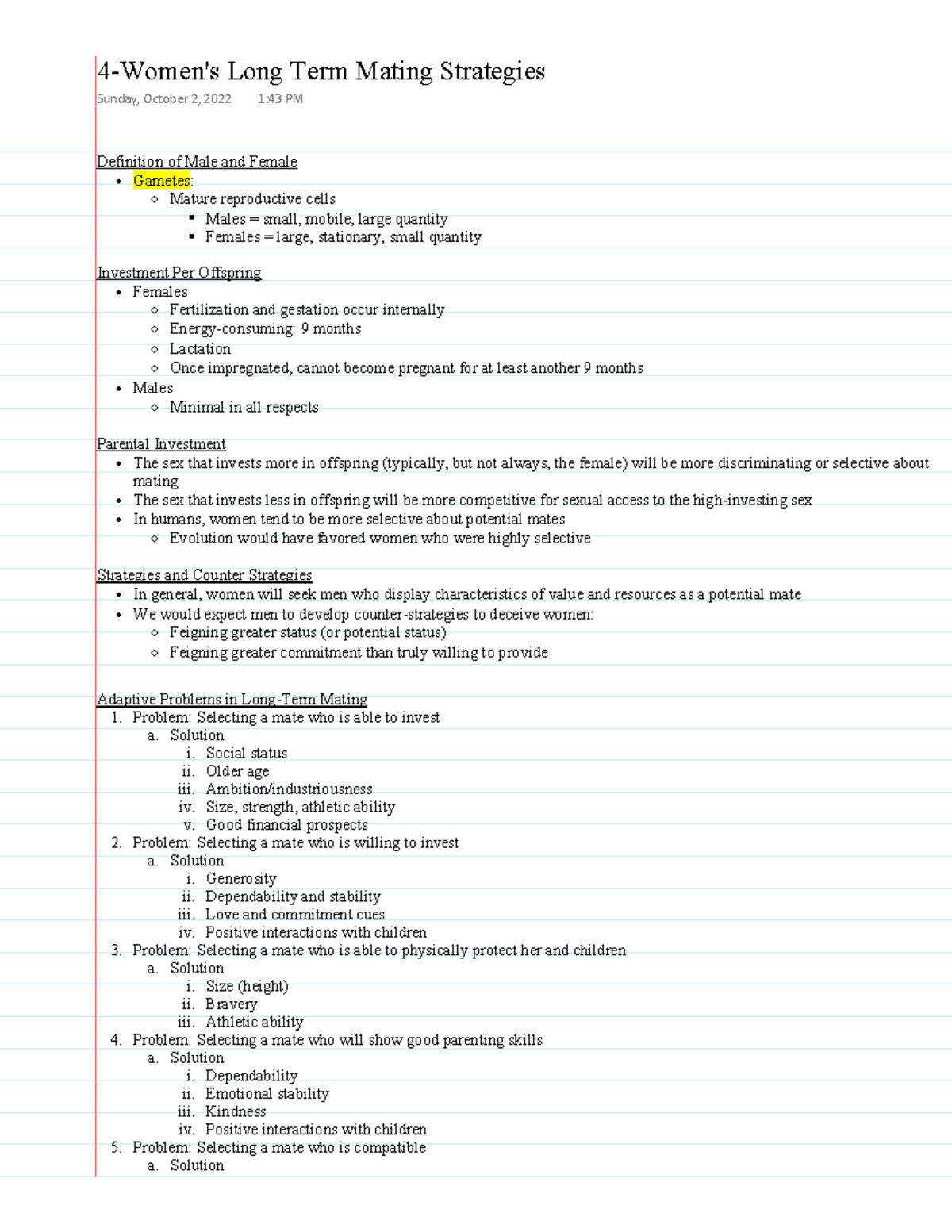 PSYCH 337-Chapter 4 - Definition of Male and Female Gametes: Mature ...