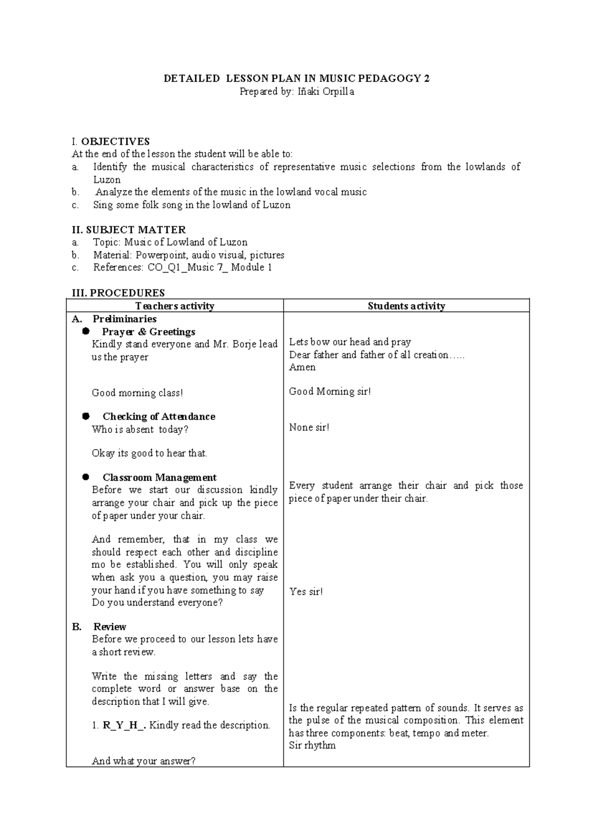 Detailed Lesson PLAN IN Music Pedagogy 2 - DETAILED LESSON PLAN IN ...