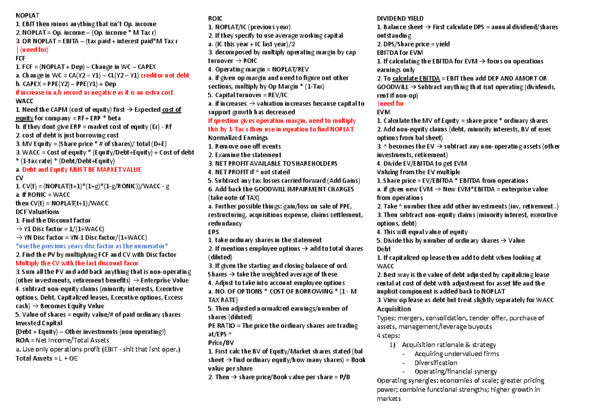 FINM3005 Cheat Sheet - NOPLAT EBIT then minus anything that isn’t Op. income NOPLAT = Op. income ...