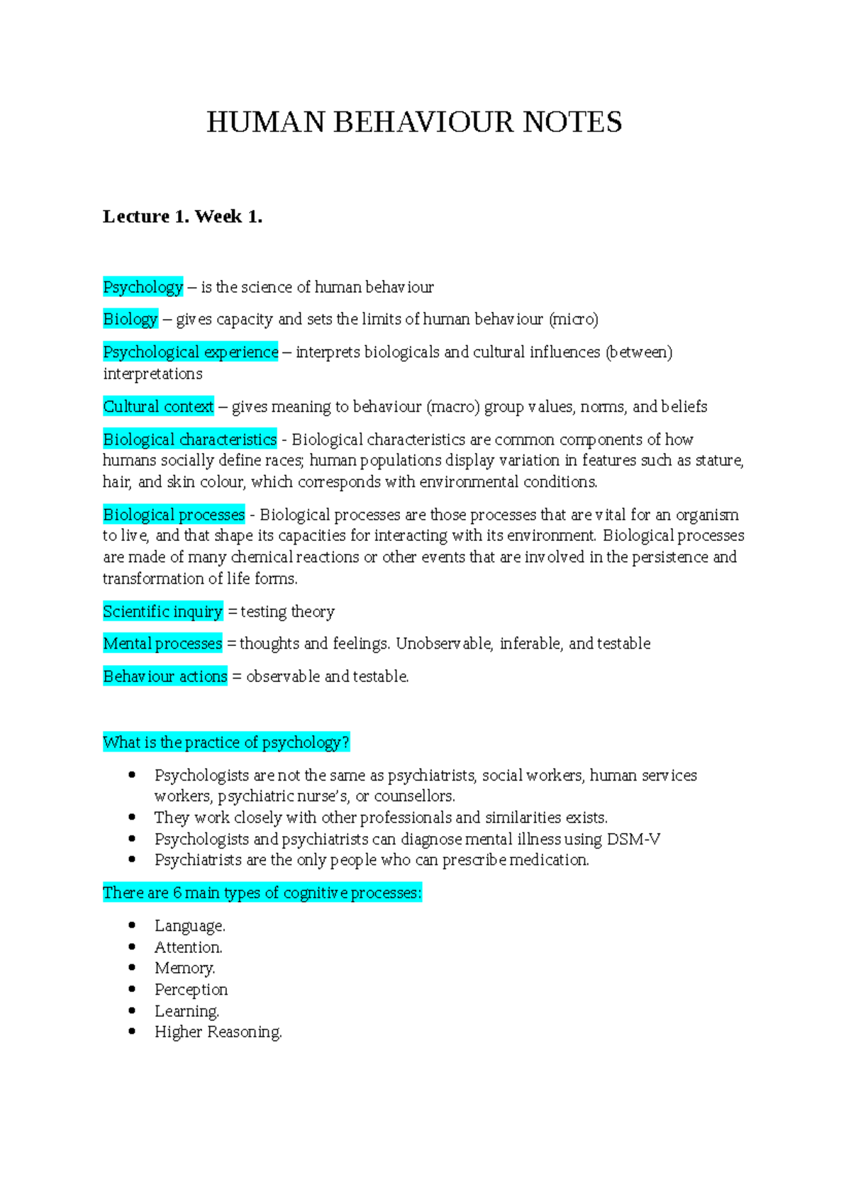 Human Behaviour Notes - HUMAN BEHAVIOUR NOTES Lecture 1. Week 1 ...